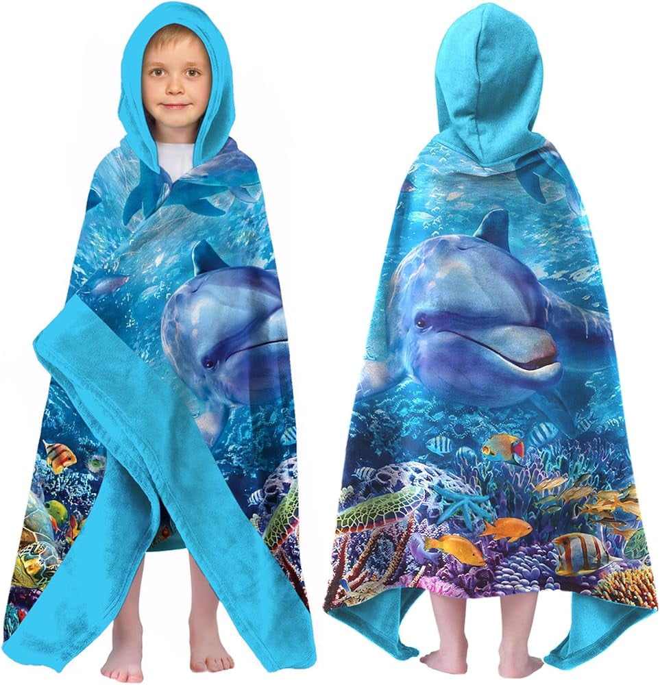 Dolphin Hooded Beach Towel for Boy, 30" x 50" Turtles & Coral Kids ...