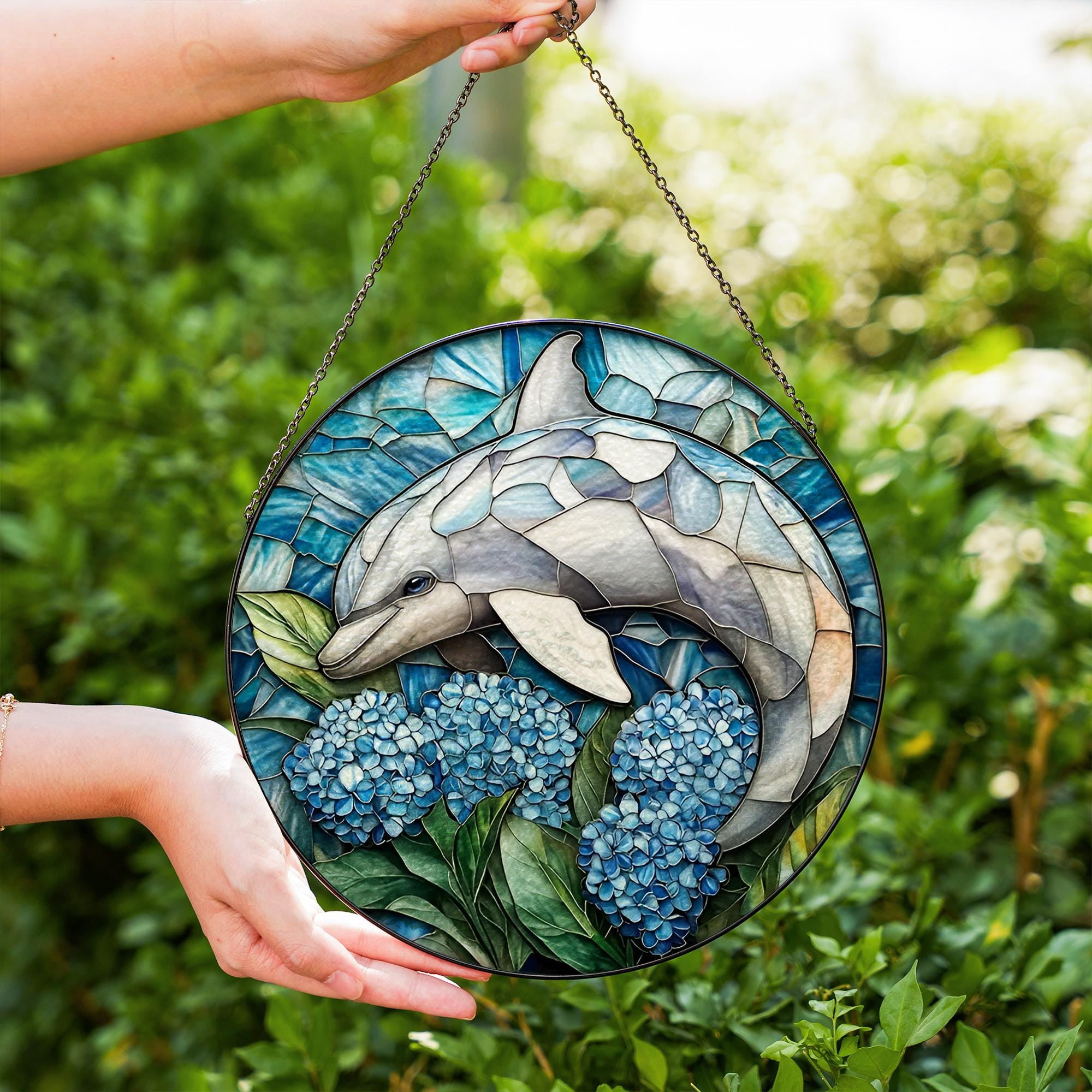 Dolphin & Hydrangea Stained Glass Suncatcher, Round Ocean Blue Mosaic ...