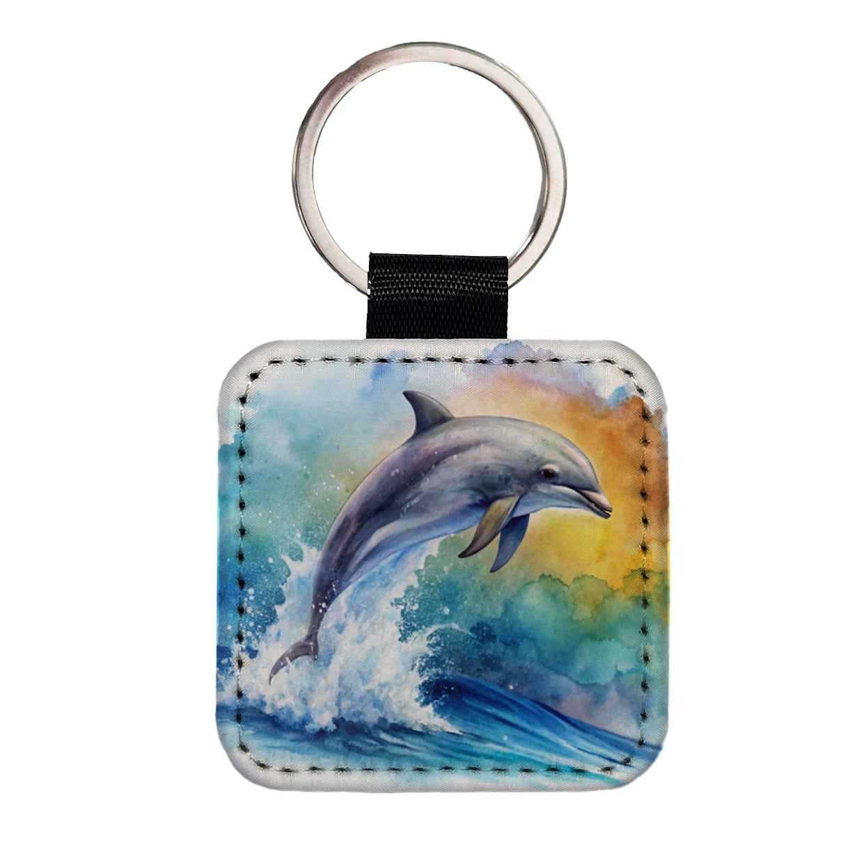 Dolphin Jumping In Ocean Watercolor Faux Leather Square Keychain ...