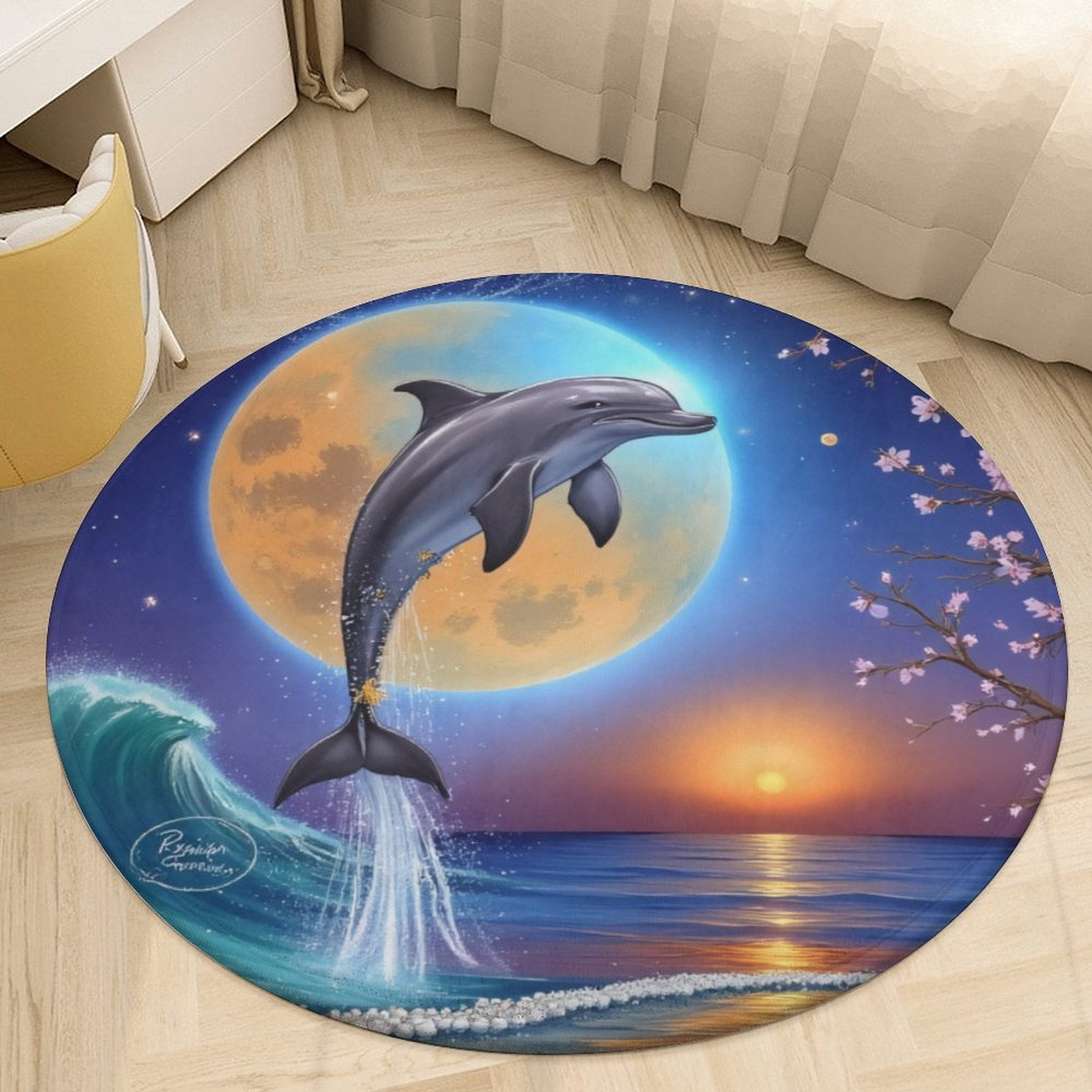 Dolphin Jumping Moonlit Ocean Round Area Rugs for Bedroom Living Room ...