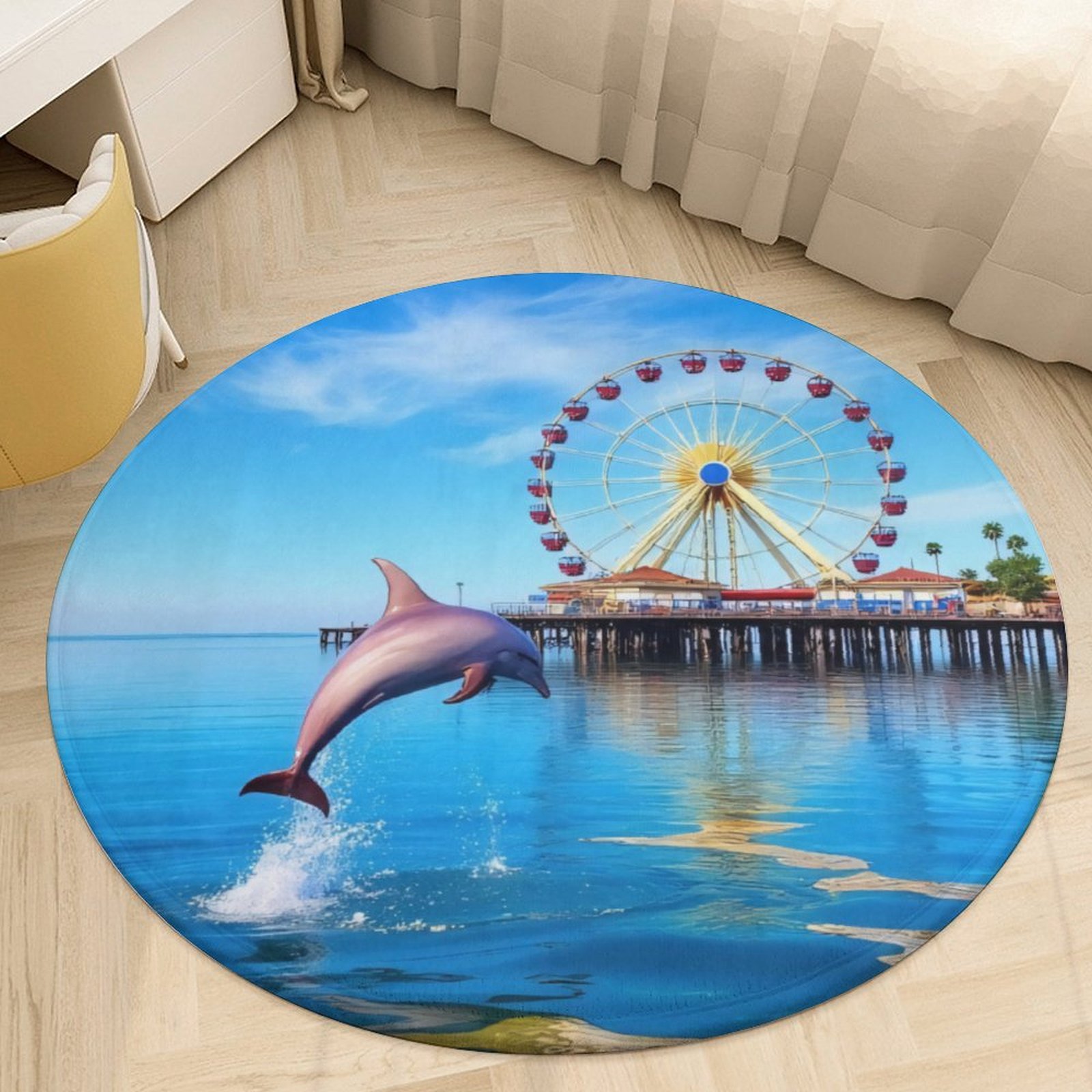 Dolphin Jumping by Ferris Wheel Round Area Rugs for Bedroom Living Room ...