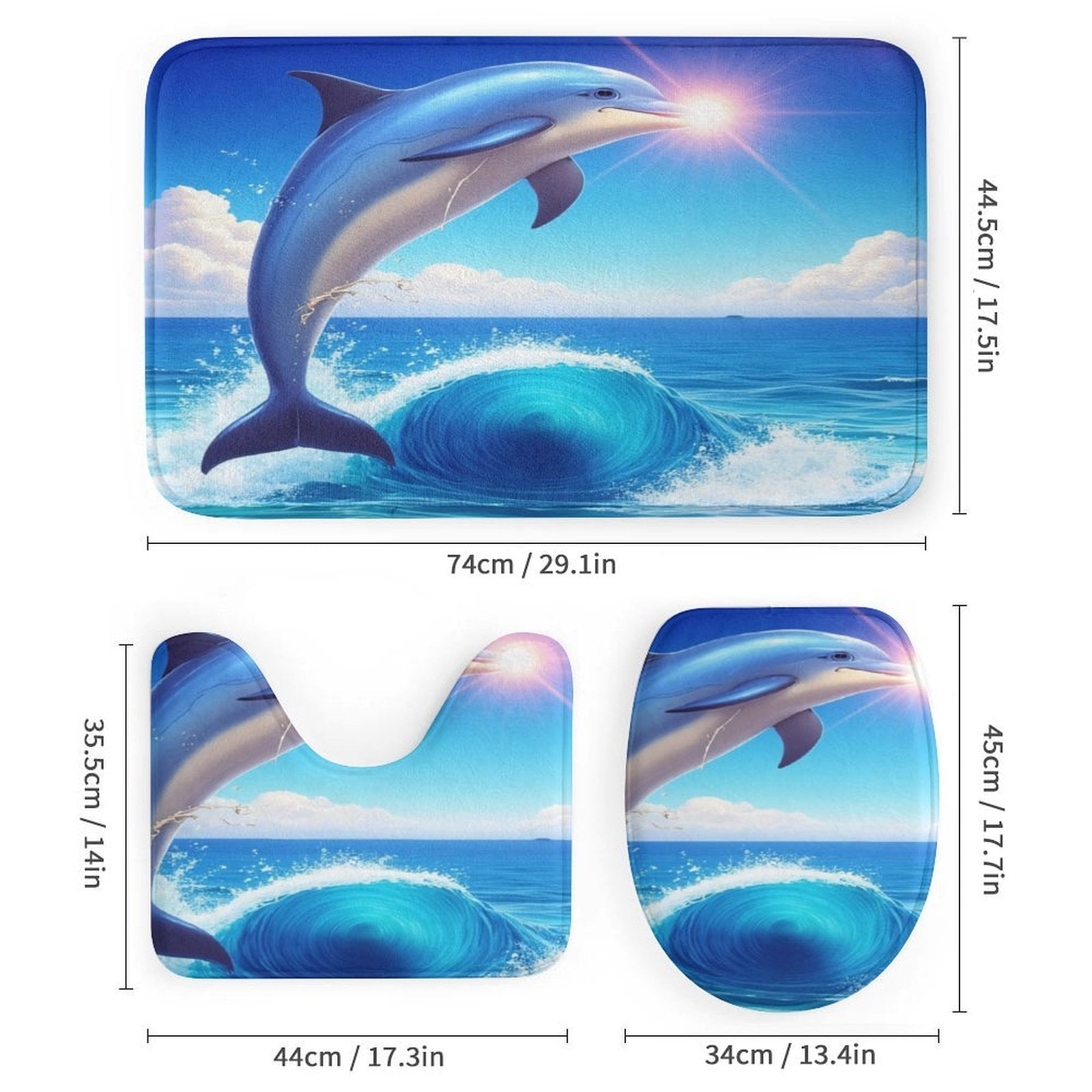 Dolphin Jumping in Sunlight Bathroom Rugs Sets 3 Piece Toilet Lid Cover ...