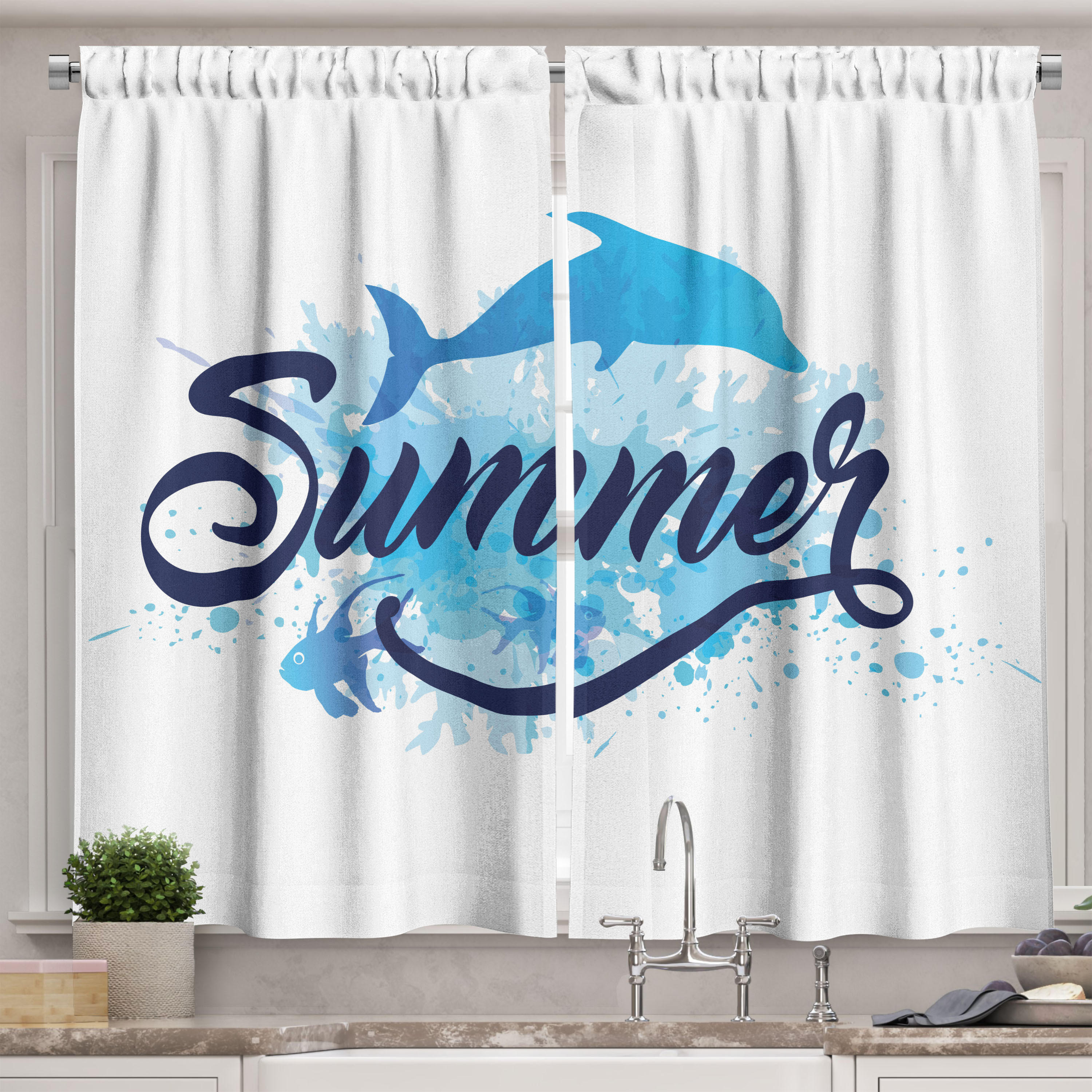 Dolphin Kitchen Curtains, Abstract Summer Lettering with Fish and ...