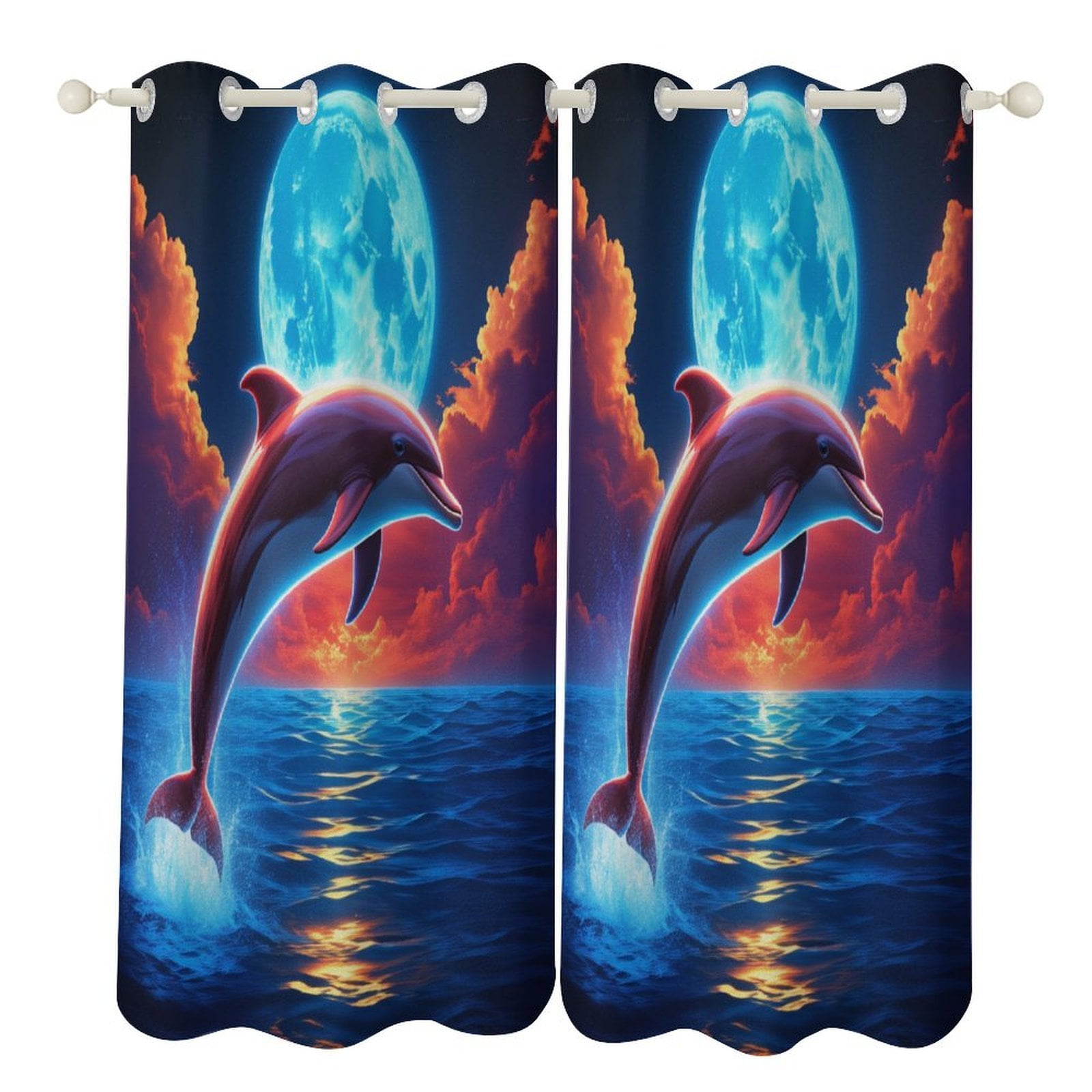 Dolphin Leap at Moonlit Sea-2 Blackout Curtain 3d Printed Window ...