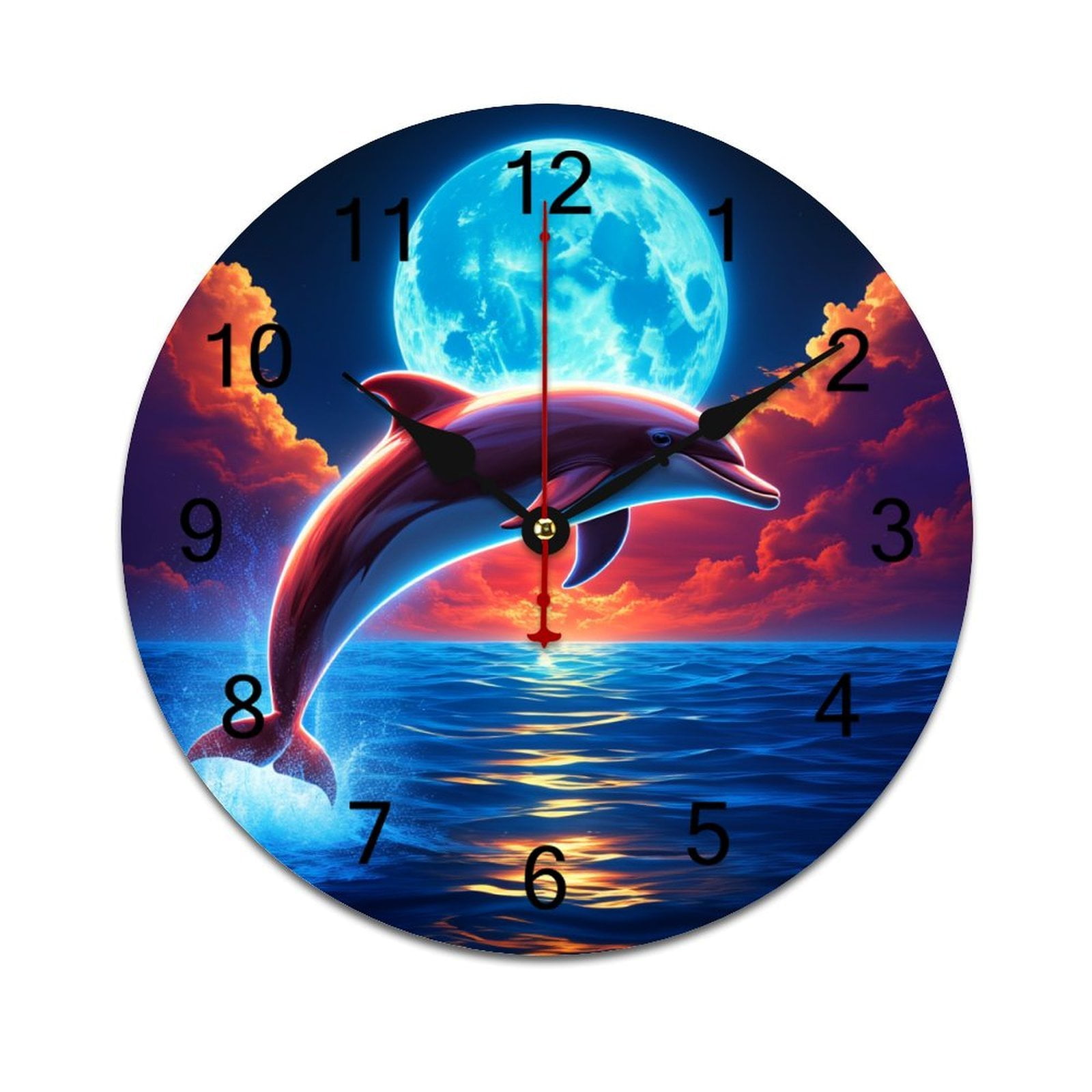 Dolphin Leap at Moonlit Sea-2 Time Decorative Wall Clocks Round Large ...