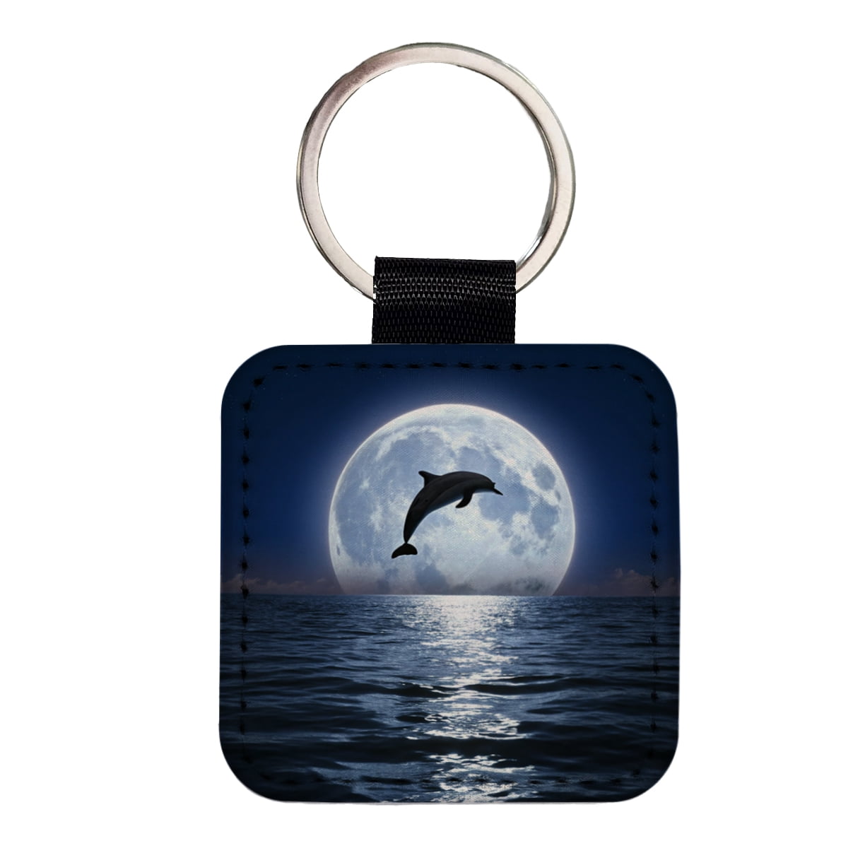 Dolphin Leaping Over Ocean Sea Full Moon Faux Leather Square Keychain ...