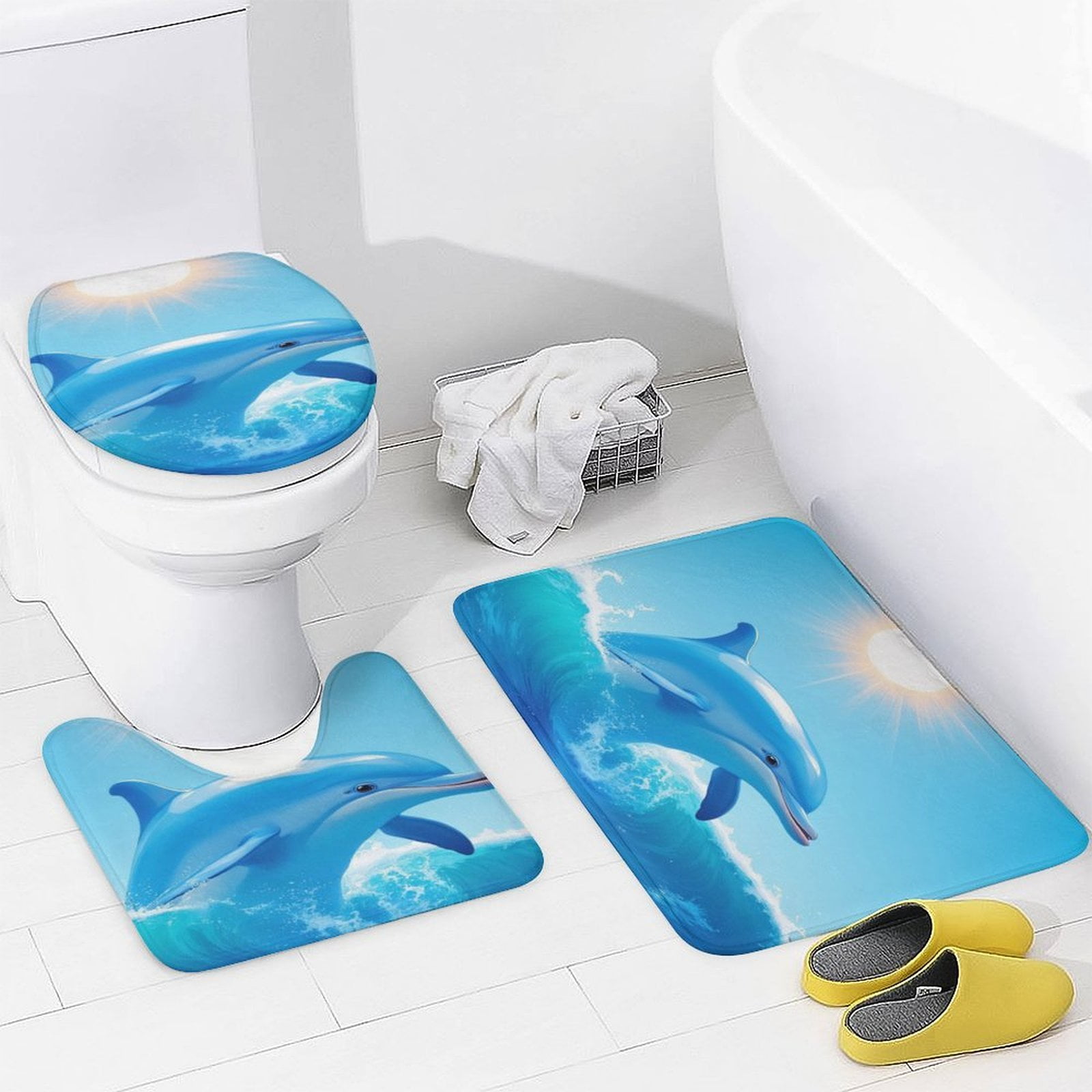 Dolphin Leaping in Sunny Ocean Waves Bathroom Rugs Sets 3 Piece Toilet ...