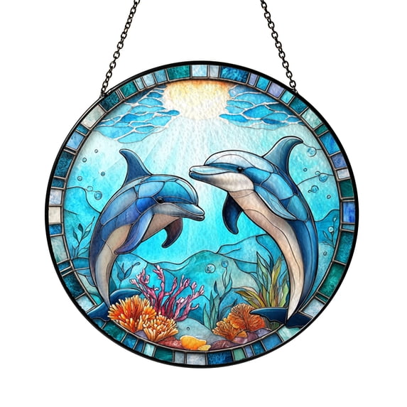 Dolphin Ocean Scene Glass Suncatcher Round Window Hanging, Playful ...