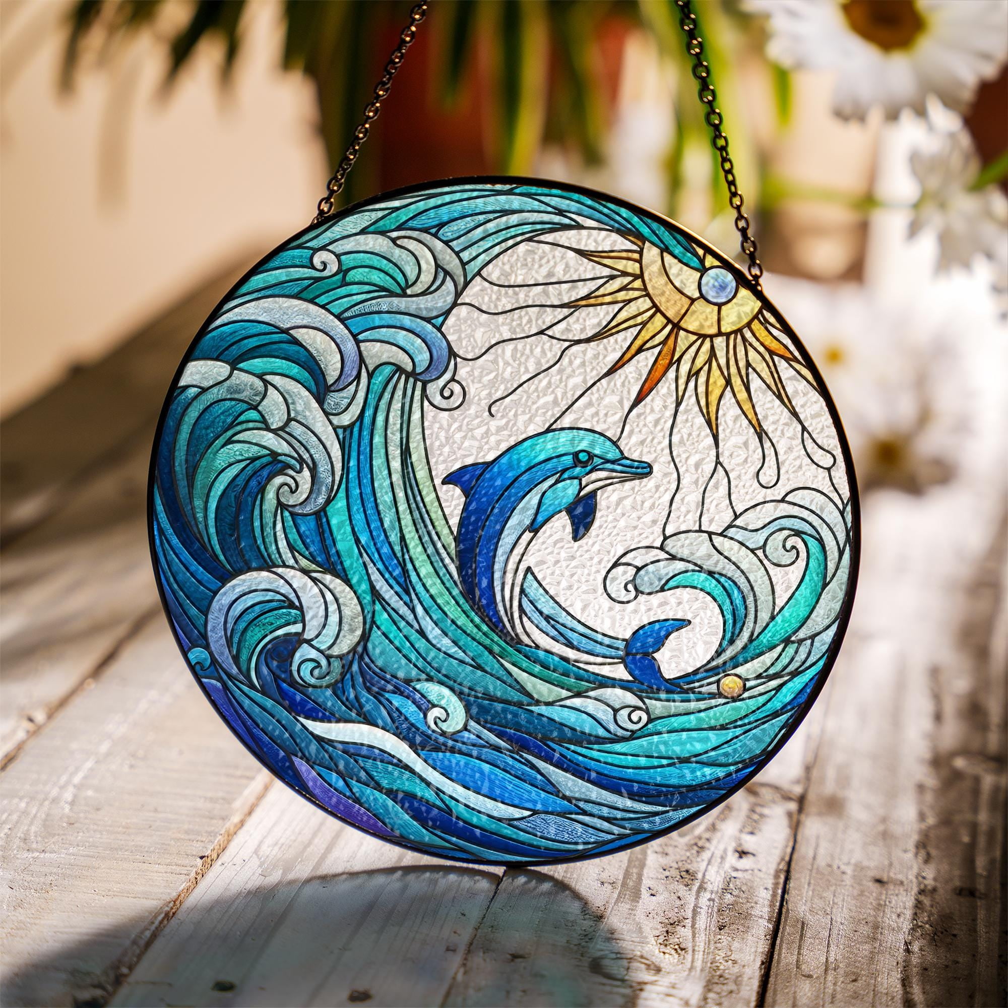 Dolphin Ocean Wave Glass Suncatcher, Coastal Window Hanging, Beach ...