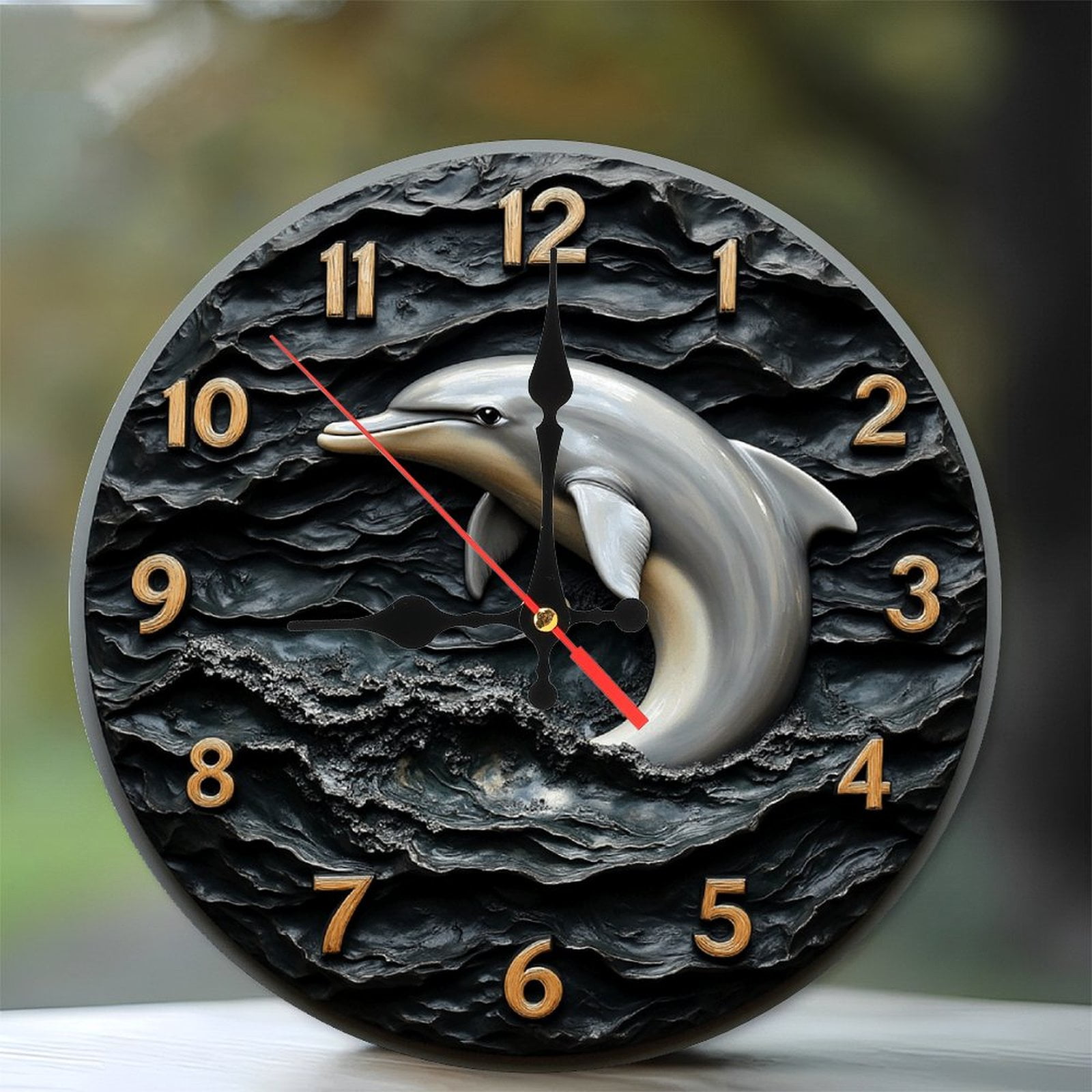 Dolphin Ocean Wave Wall Clock Resin Sculpture 10-Inch Silent Wooden ...