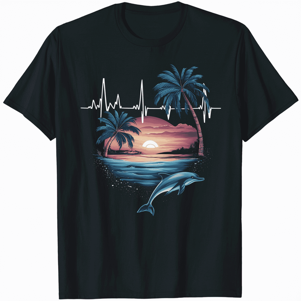 Dolphin Palm Trees Beach Heartbeat Ocean Sunset T-Shirt - Walmart.com