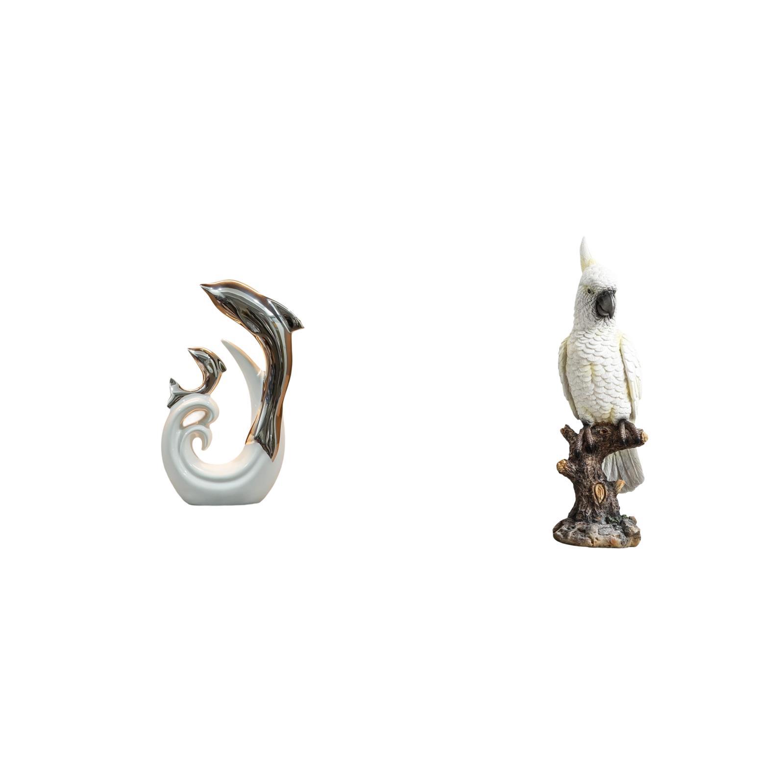 Dolphin Parrot Sculpture Silver White Ceramic Resin Large Size Accent ...