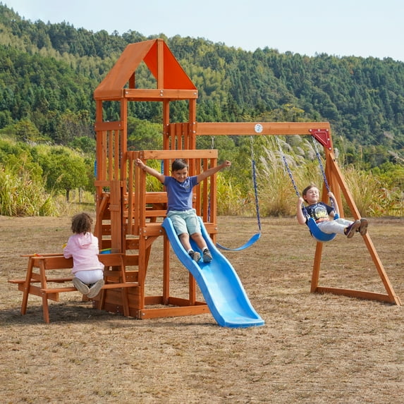 Dolphin Playground Cedar Wood Swing Set - 2-in-1 Table, 6ft Wave Slide ...