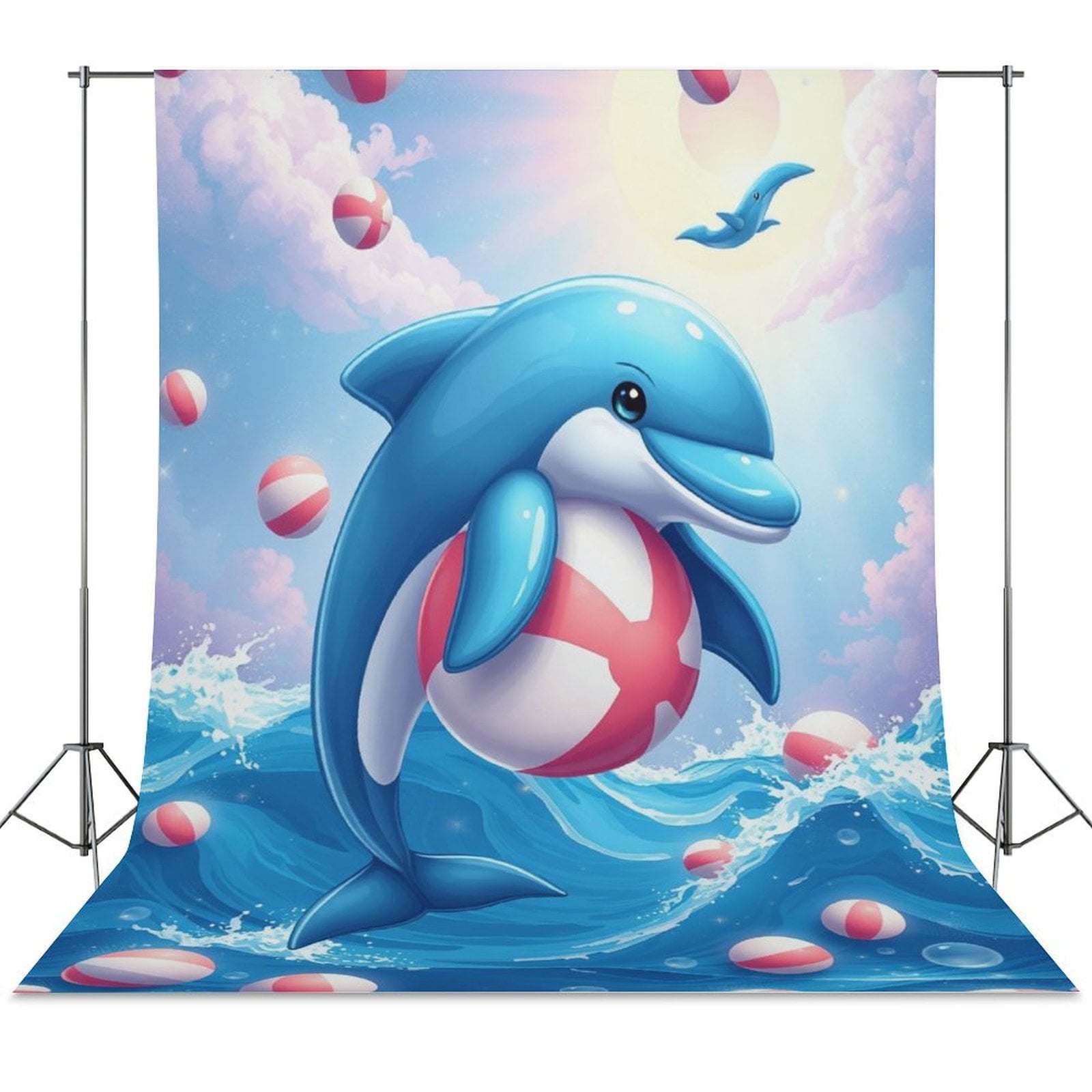 Dolphin Plays Ball Fun Backdrop Baby Shower Newborn Portrait Girl Boy ...