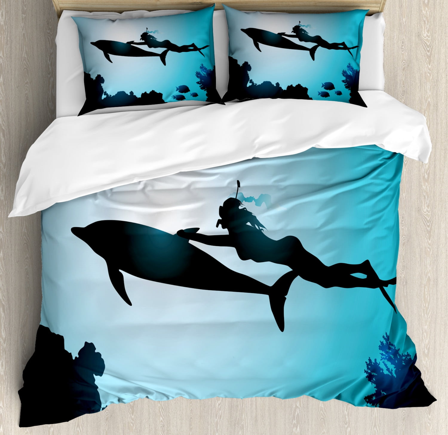 Dolphin Queen Size Duvet Cover Set, Scuba Diver Girl Swimming with ...