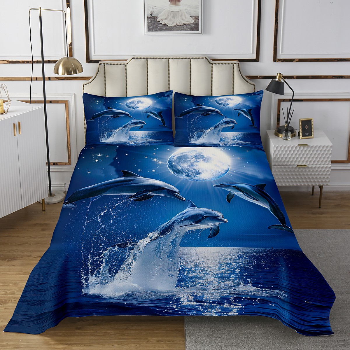 Dolphin Quilt Set Galaxy Moon Queen Bedspread Set,Blue Ocean Coverlet ...