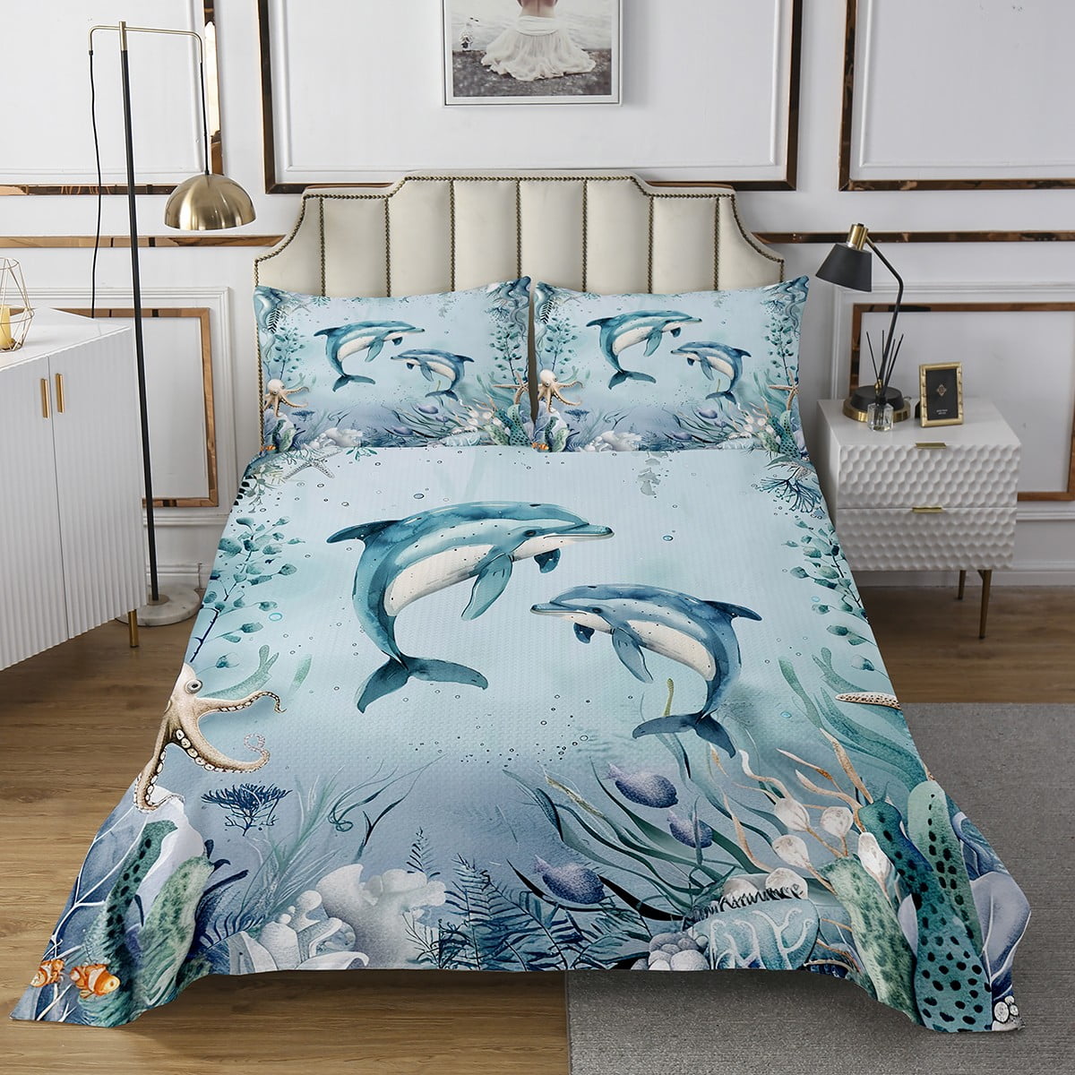 Dolphin Quilt Set Teal Blue Ocean Beach Coastal Twin Bedspread Set for ...