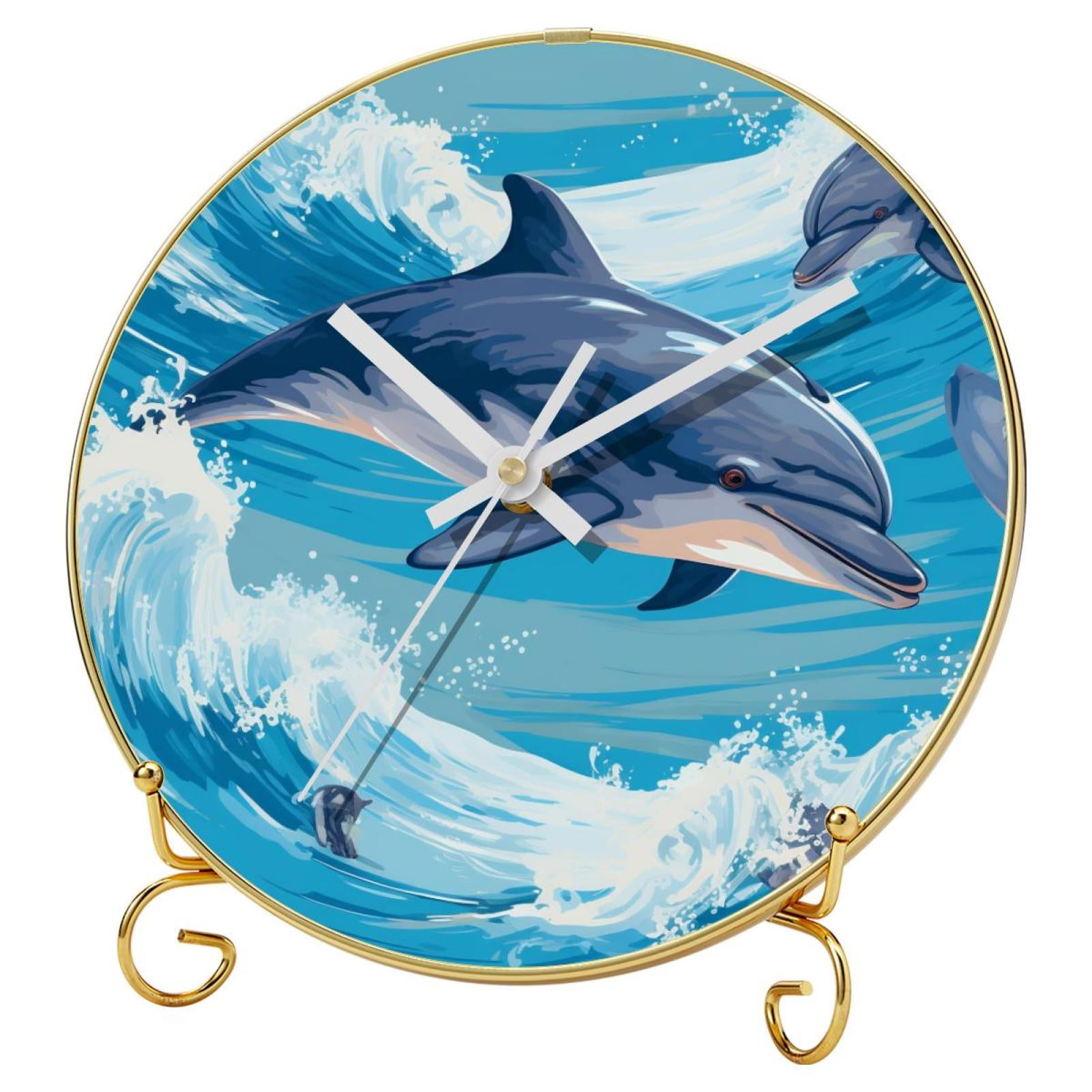 Dolphin Round Printed Wall Clocks with Hooks and Gold Stand - Silent ...