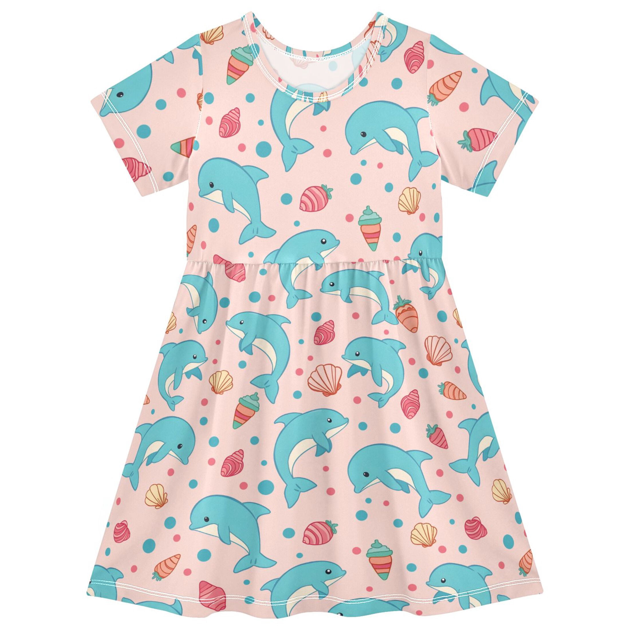 Dolphin Seashell Conch Pattern Girls Short Sleeve Dress A Line Sun ...