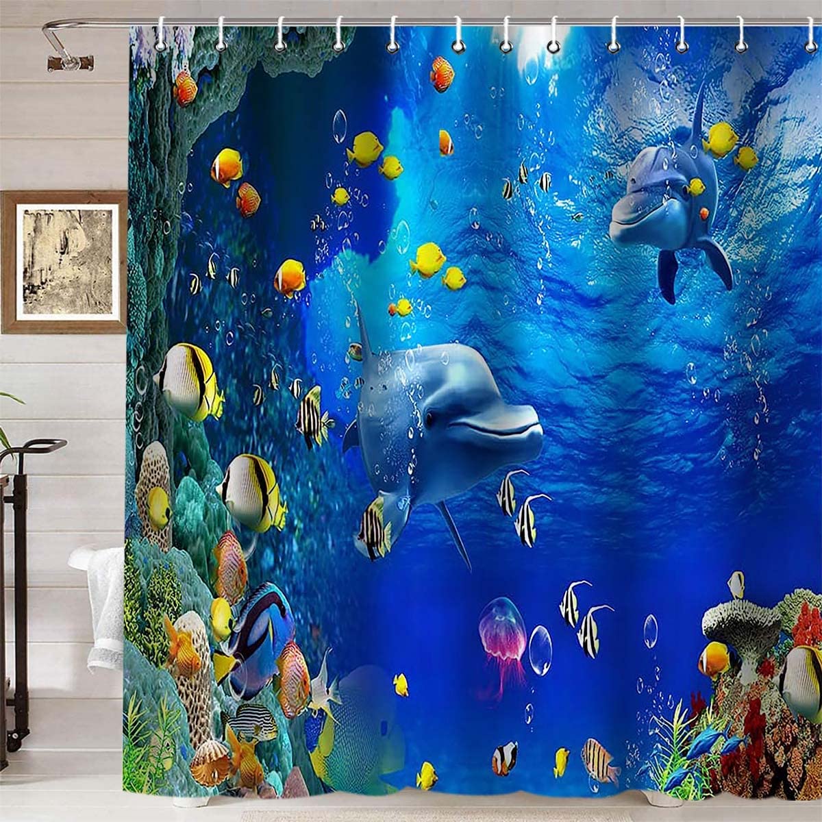 Dolphin Shower Curtain, Cartoon Underwater Blue Sea Ocean Animals ...