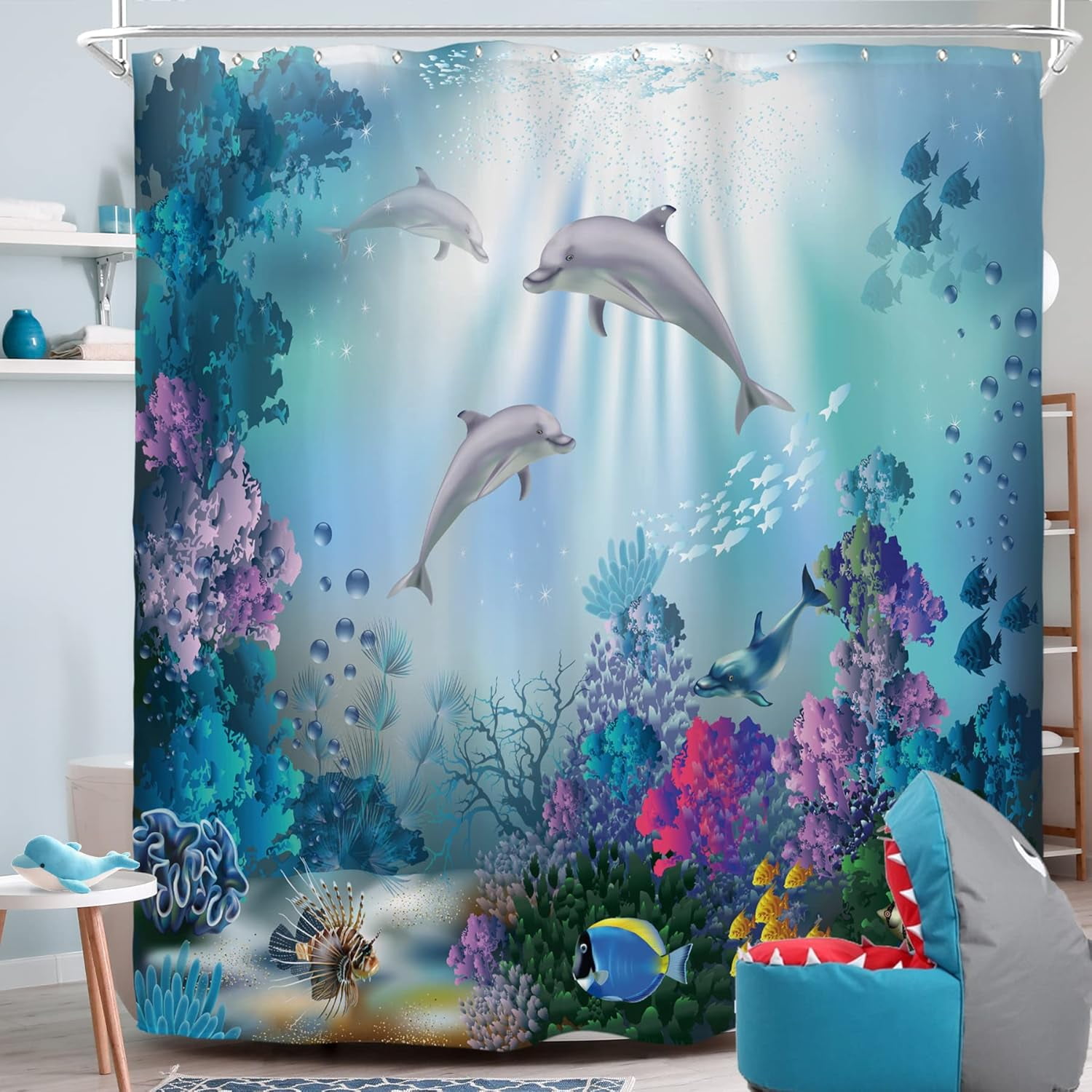Dolphin Shower Curtain Underwater Algaes Coral Reefs Sunbeam Tropical ...