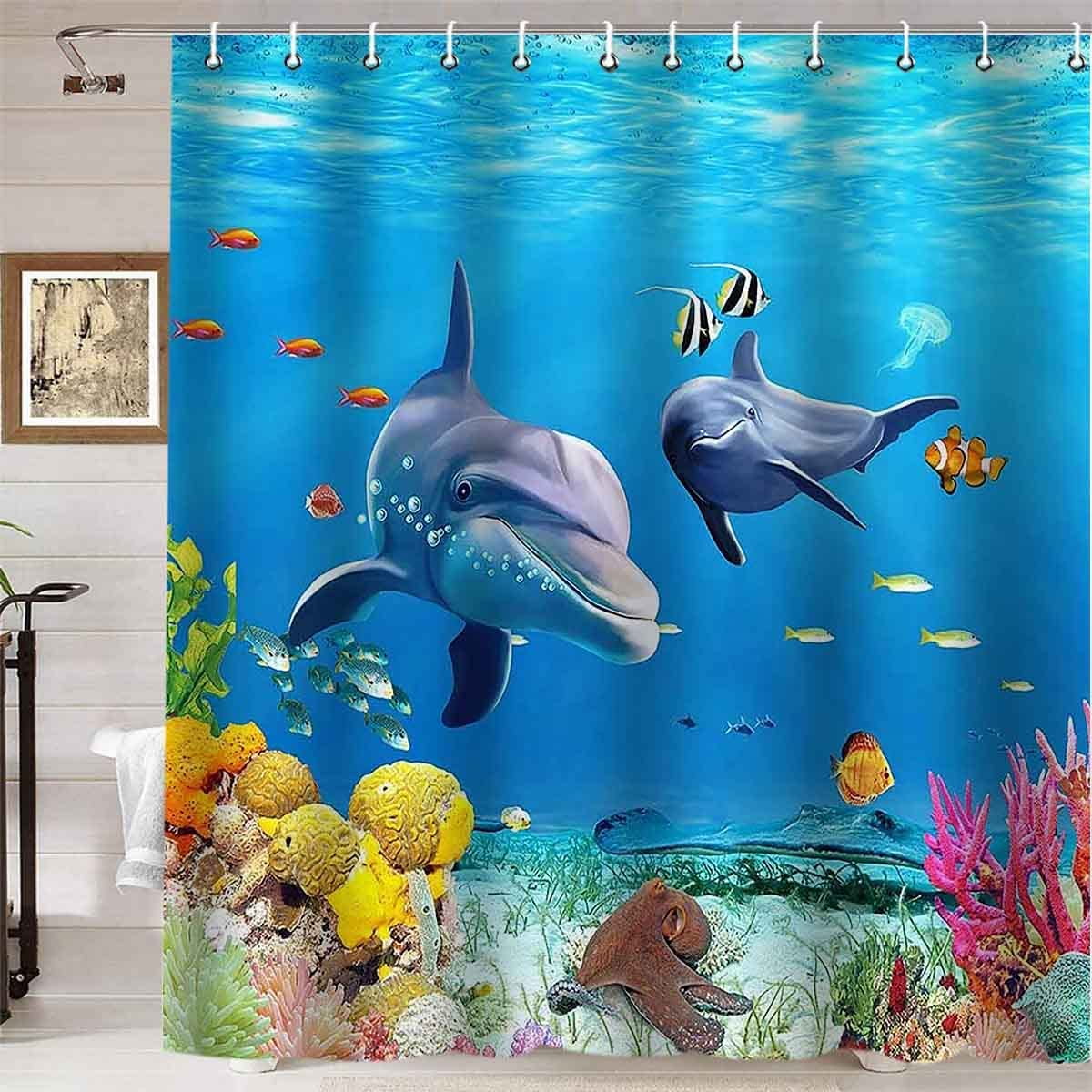Dolphin Shower Curtain, Underwater Blue Sea Ocean Animals Tropical Fish ...