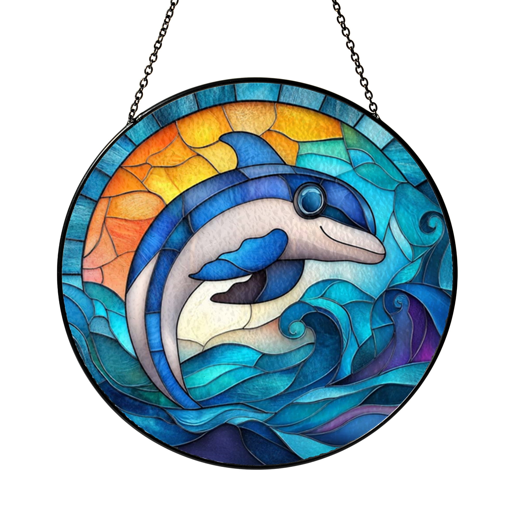 Dolphin Stained Glass Style Suncatcher – Surfing Ocean Wave Window ...