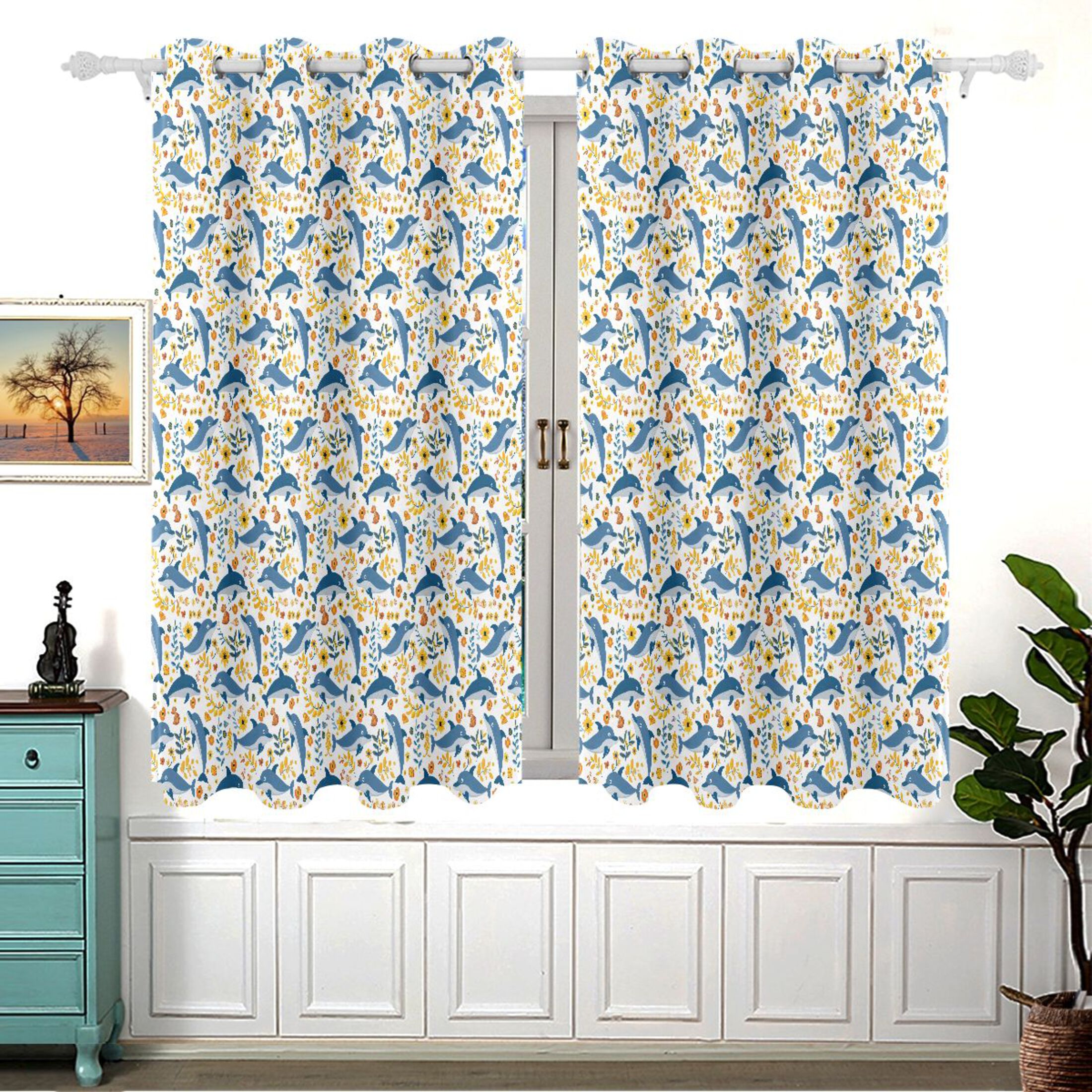Dolphin Sunflower Shell Leaf Blackout Curtains 2 Panels Set Grommet ...