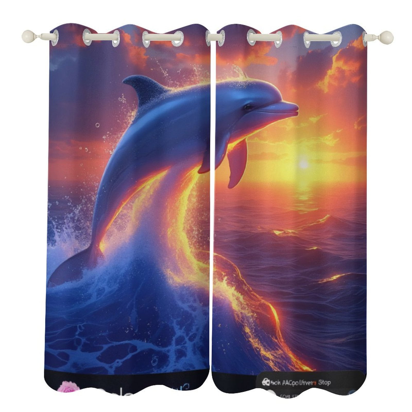 Dolphin Sunset Ocean Splash 2 Panels 3D Printing Pattern Curtain for Bedroom Living Room Kitchen ...