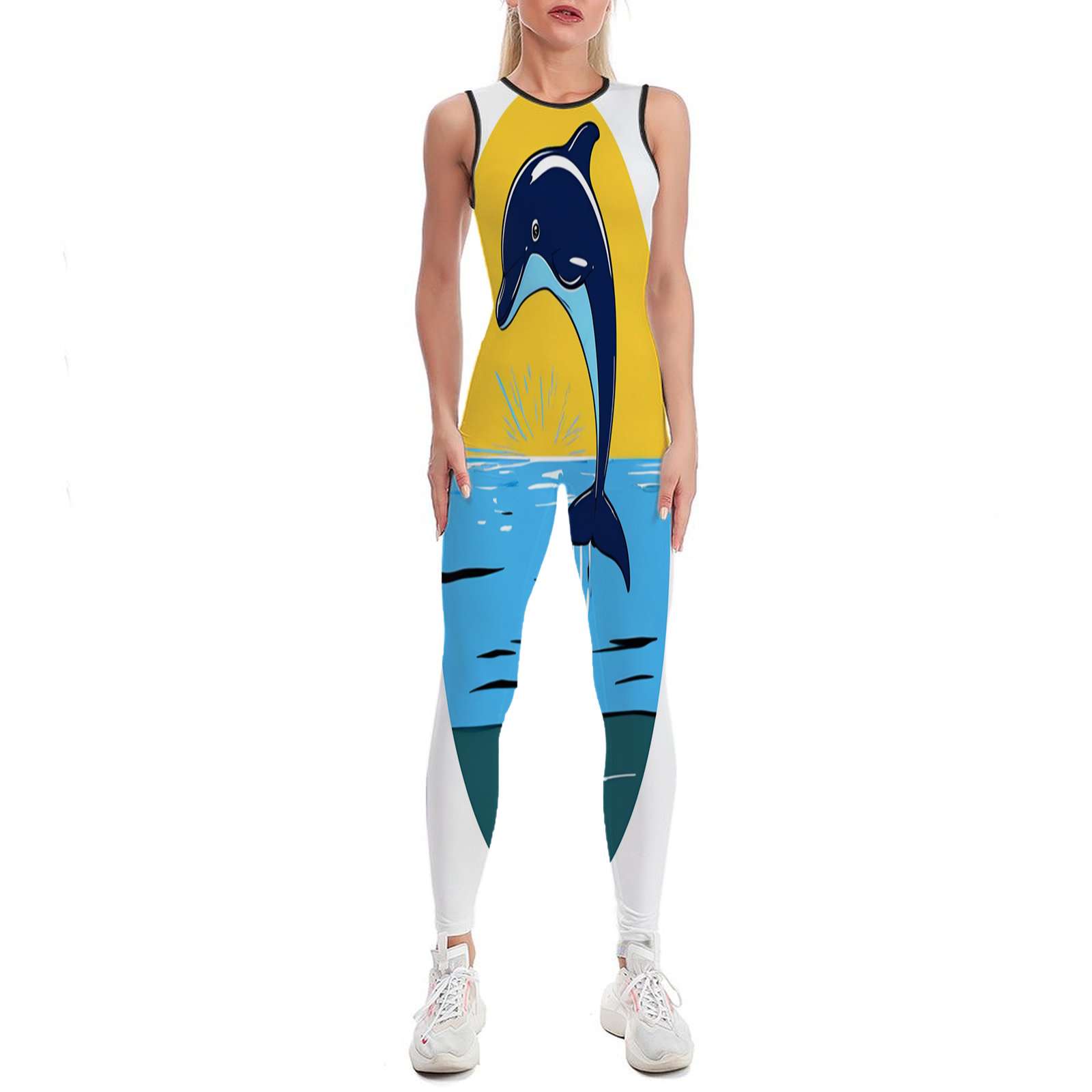 Dolphin Sunset Ocean Waves Women's One Piece Yoga Jumpsuits Leggings ...
