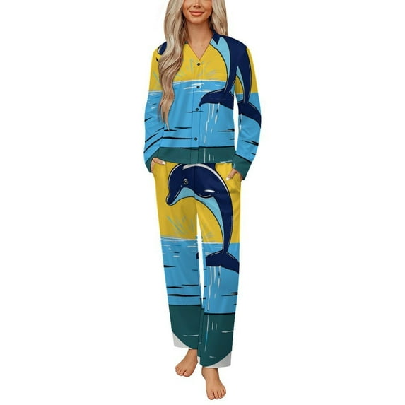 Dolphin Sunset Ocean Waves Womens Pyjamas Set Button Up Pyjamas Womens ...