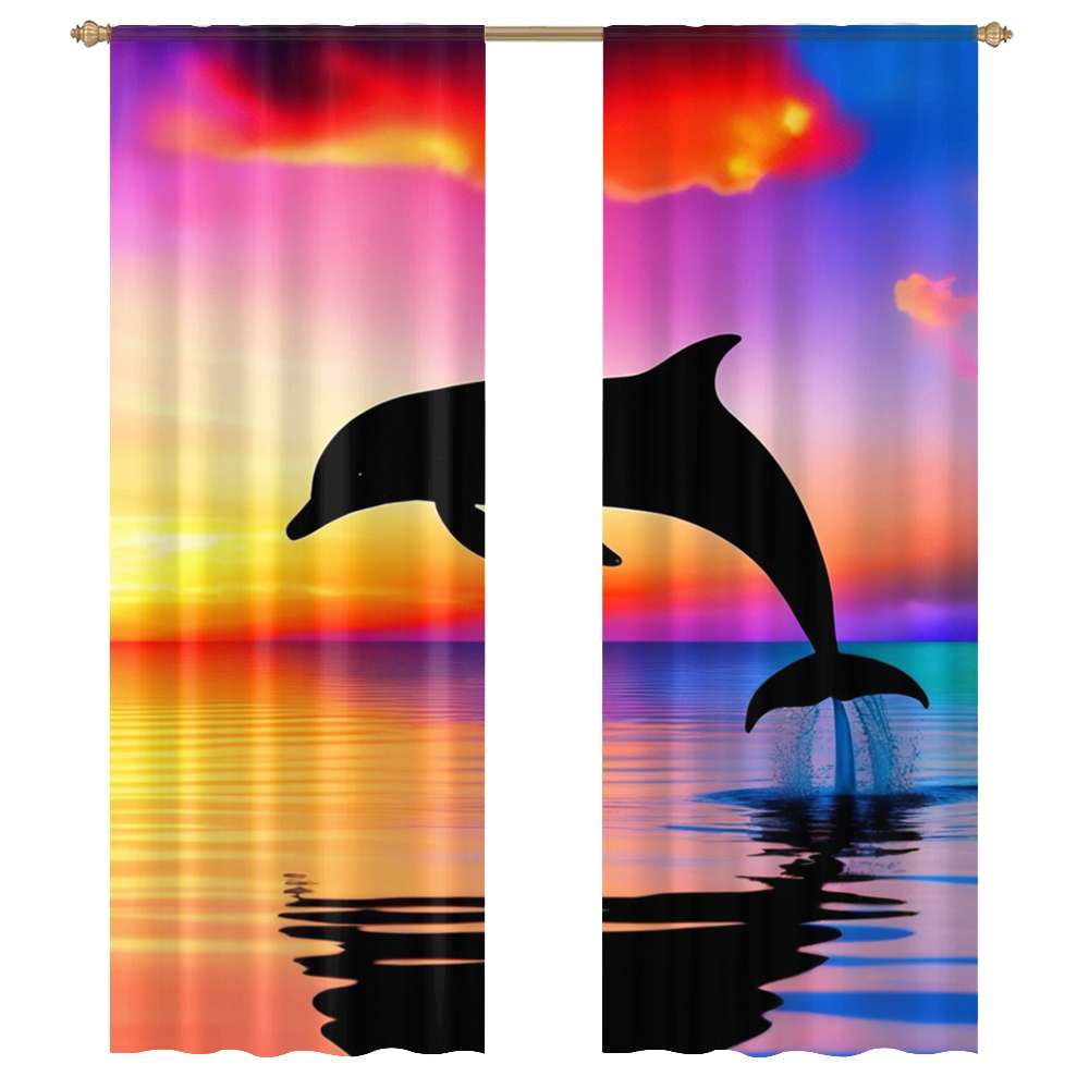 Dolphin Sunset Reflection Sheer Window Curtains for Living Room Kitchen ...