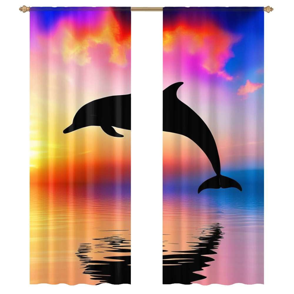 Dolphin Sunset Reflection Sheer Window Curtains for Living Room Kitchen ...