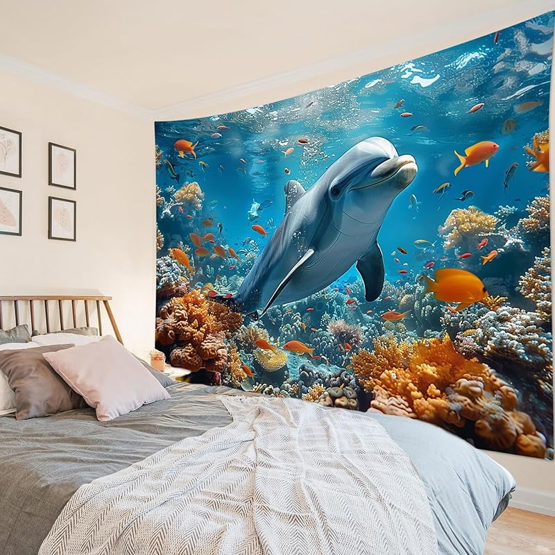 Dolphin Tapestry Wall Hanging Tropical Ocean Animals Dolphin Fish with ...
