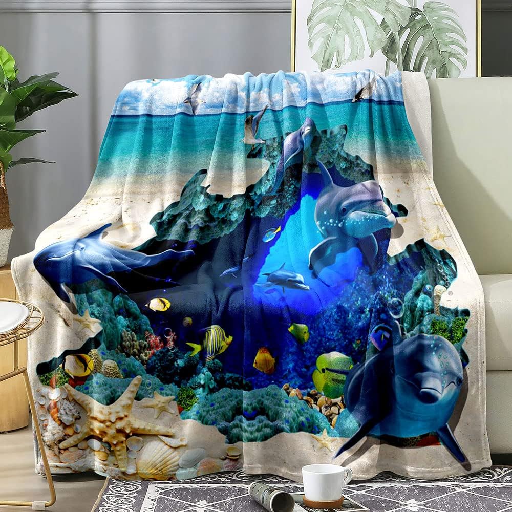 Dolphin Throw Blanket, Tropical Fish Starfish Conch Shell Sea Marine ...
