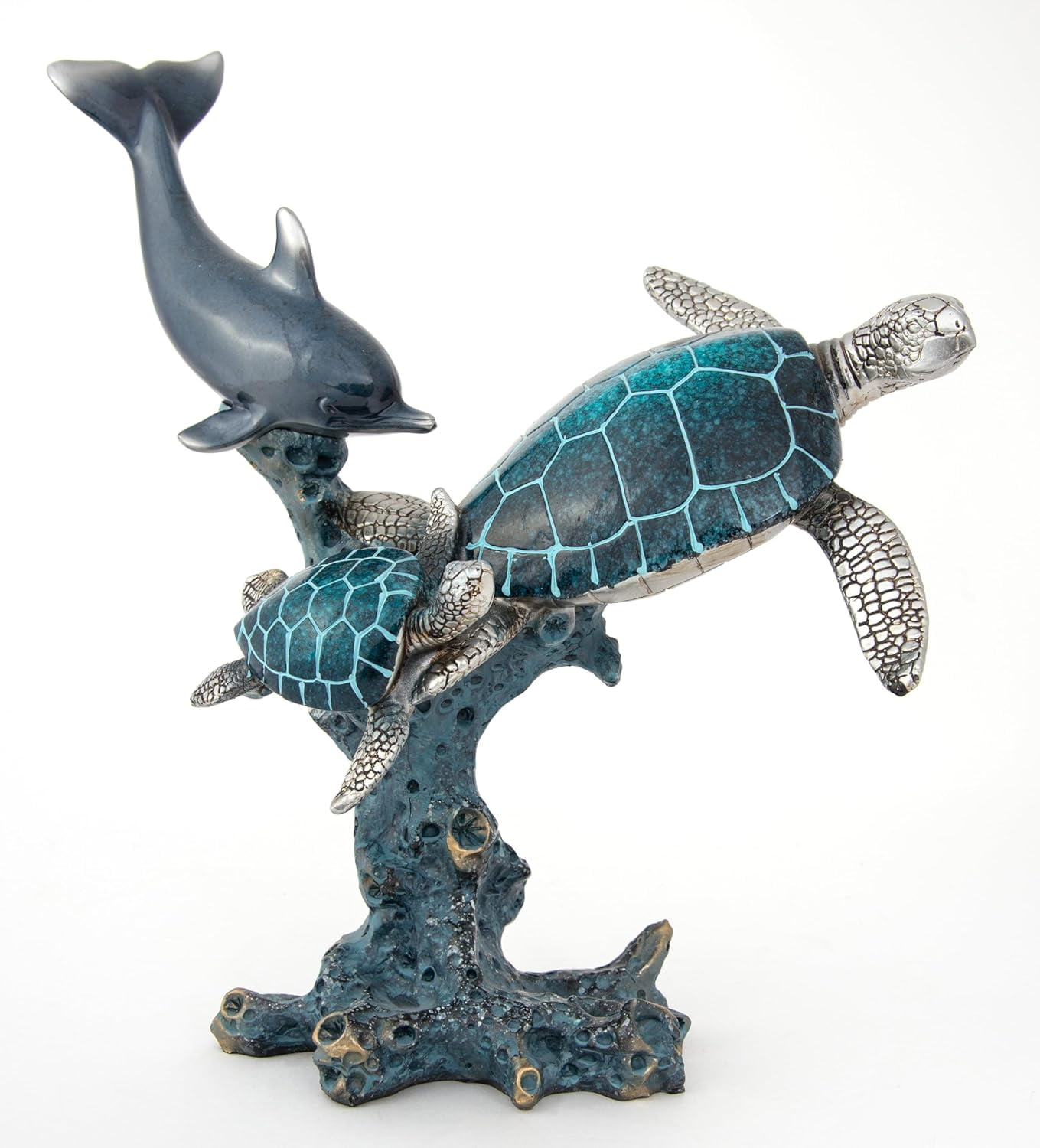 Dolphin Turtles Statue Swimming on a Coral Reef Base - 2 Turtle Decor ...
