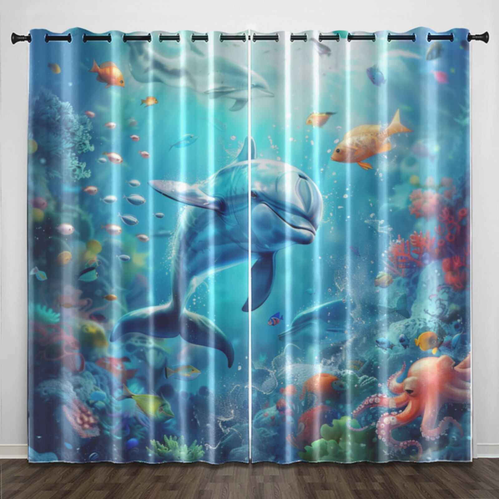 Dolphin Under The Sea Ocean Animals (2) Curtains 2 Panels Set Blackout ...