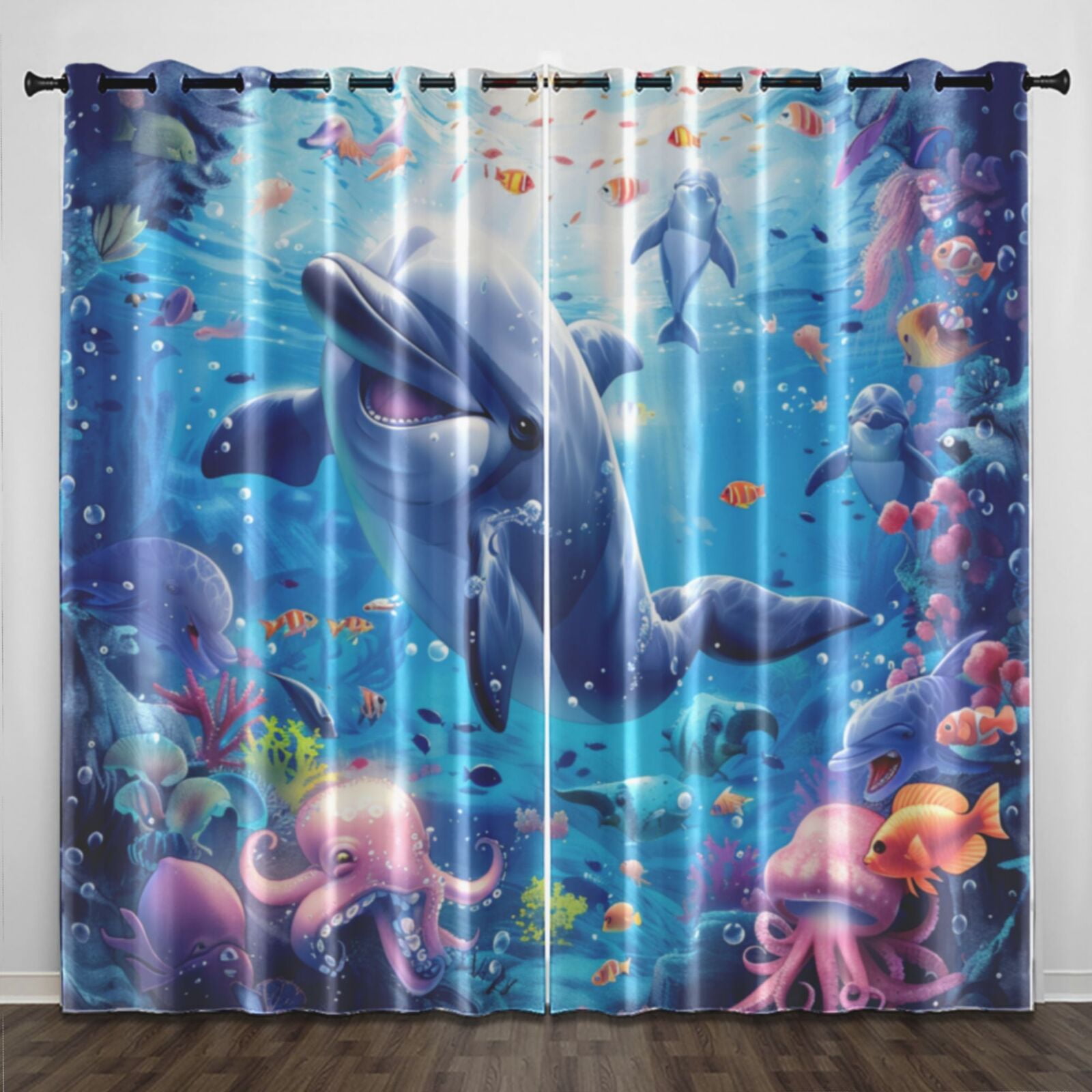 Dolphin Under The Sea Ocean Animals (5) Curtains 2 Panels Set Blackout ...