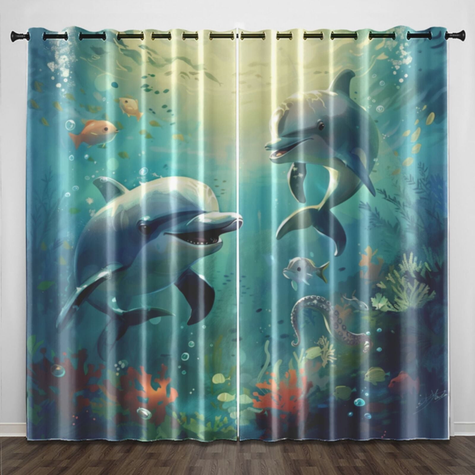 Dolphin Under The Sea Ocean Animals (77) Curtains 2 Panels Set Blackout ...