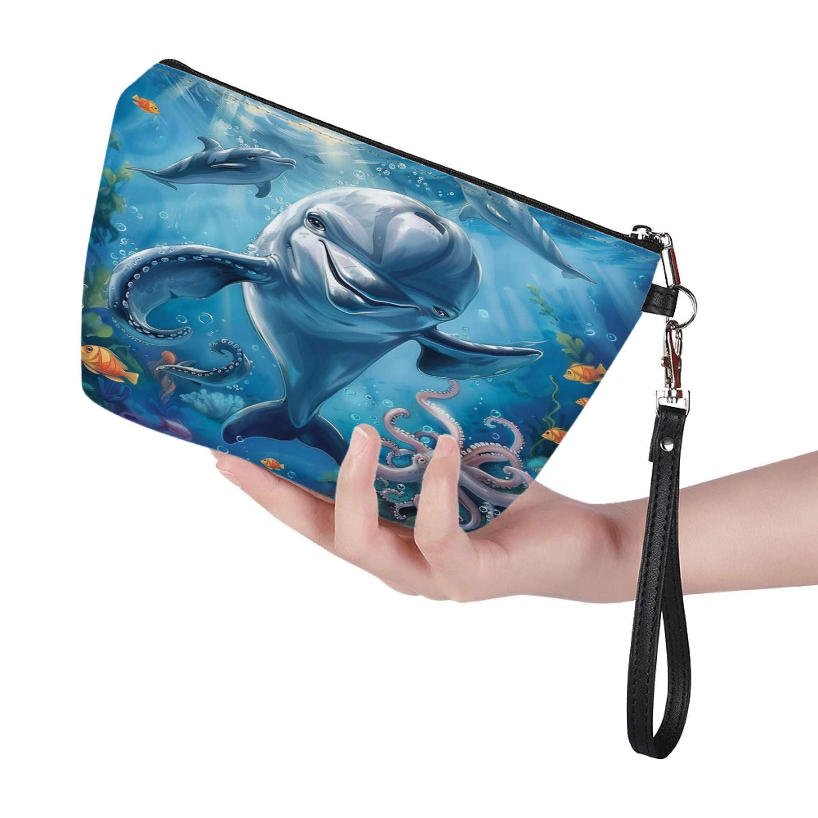 Dolphin Under The Sea Ocean Animals Leather Makeup Bag Small Travel ...