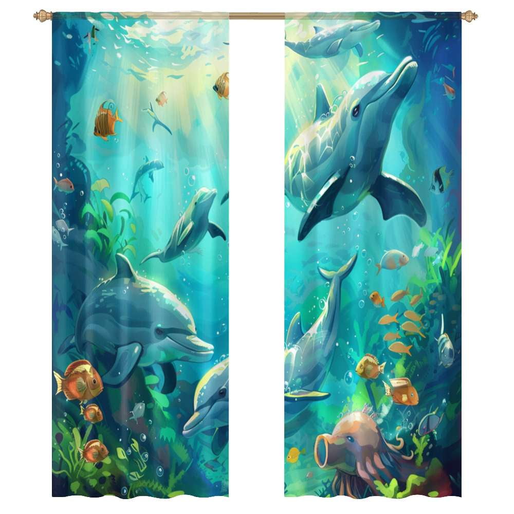 Dolphin Under The Sea Ocean Animals Sheer Voile Curtain Window Tulle ...