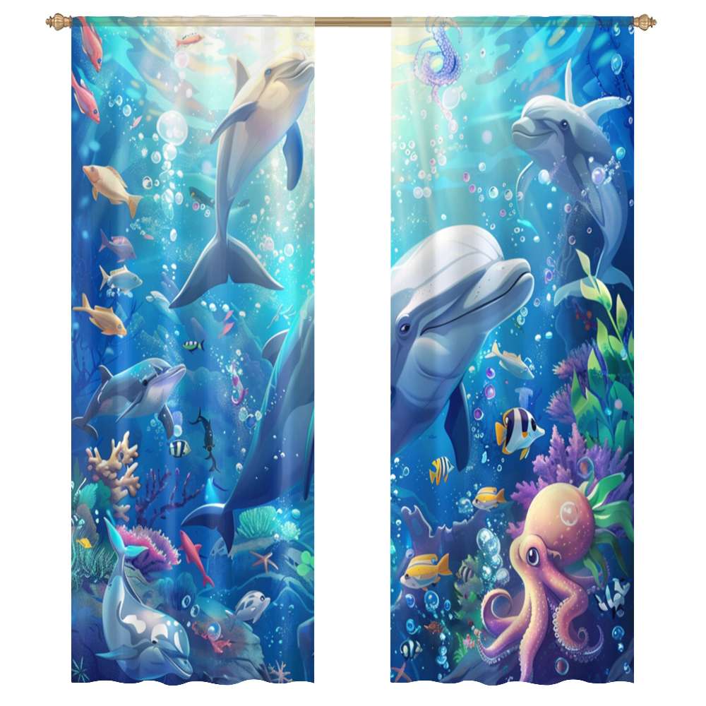 Dolphin Under The Sea Ocean Animals Sheer Voile Curtain Window Tulle ...