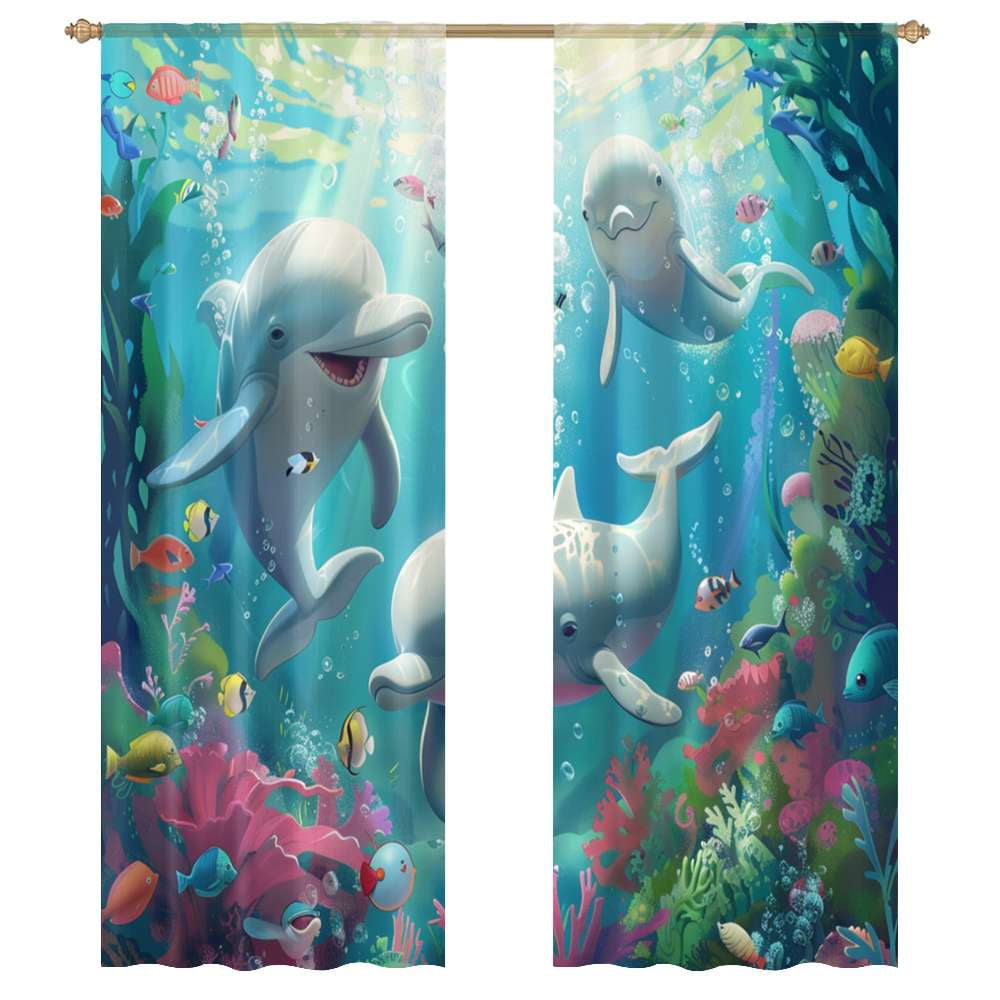 Dolphin Under The Sea Ocean Animals Sheer Voile Curtain Window Tulle ...