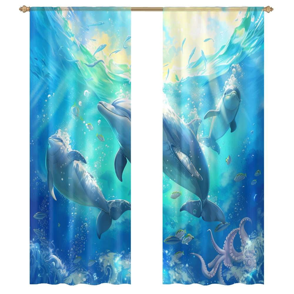 Dolphin Under The Sea Ocean Animals Sheer Voile Curtain Window Tulle ...