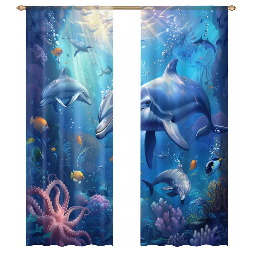 Dolphin Under The Sea Ocean Animals Sheer Voile Curtain Window Tulle ...