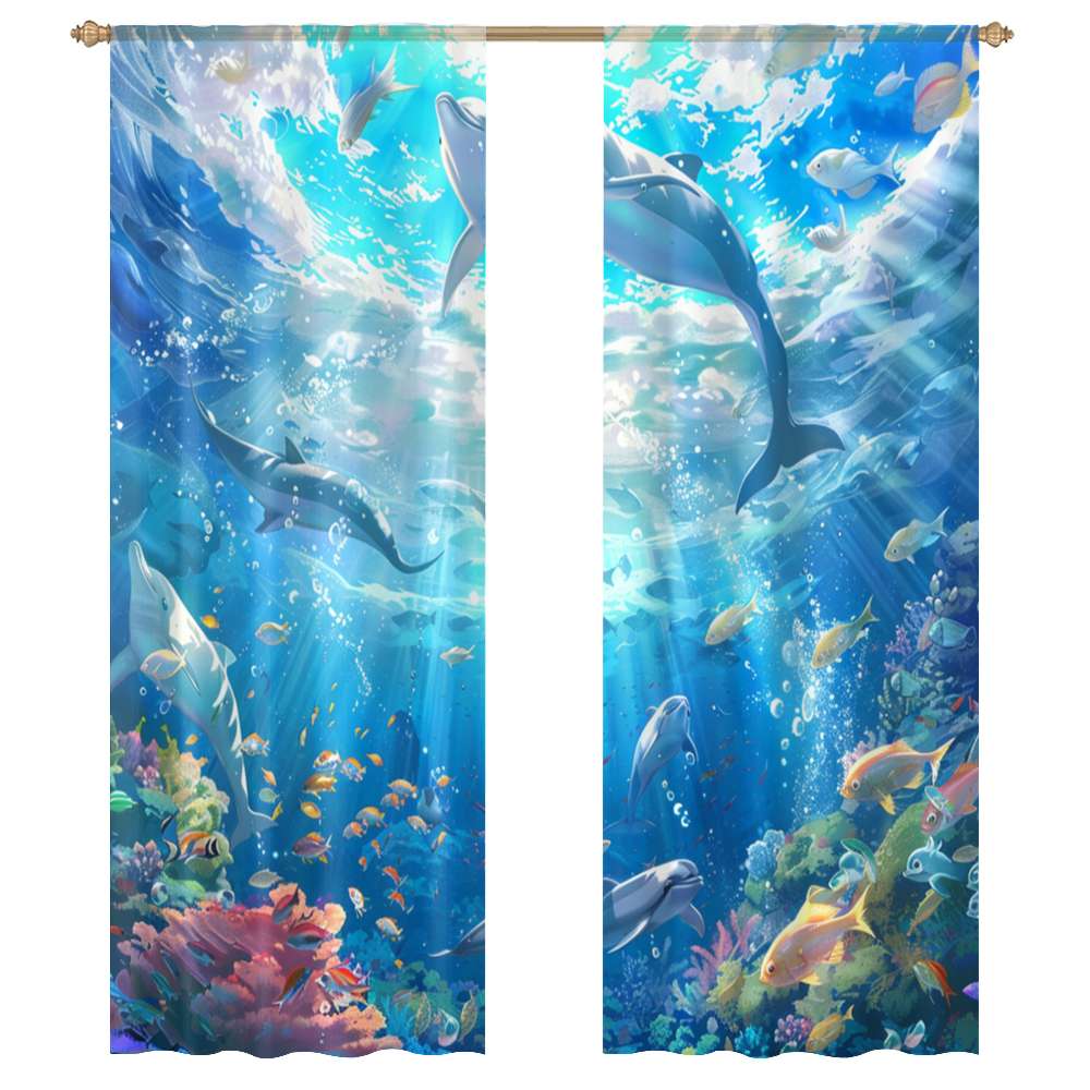 Dolphin Under The Sea Ocean Animals Sheer Voile Curtain Window Tulle ...
