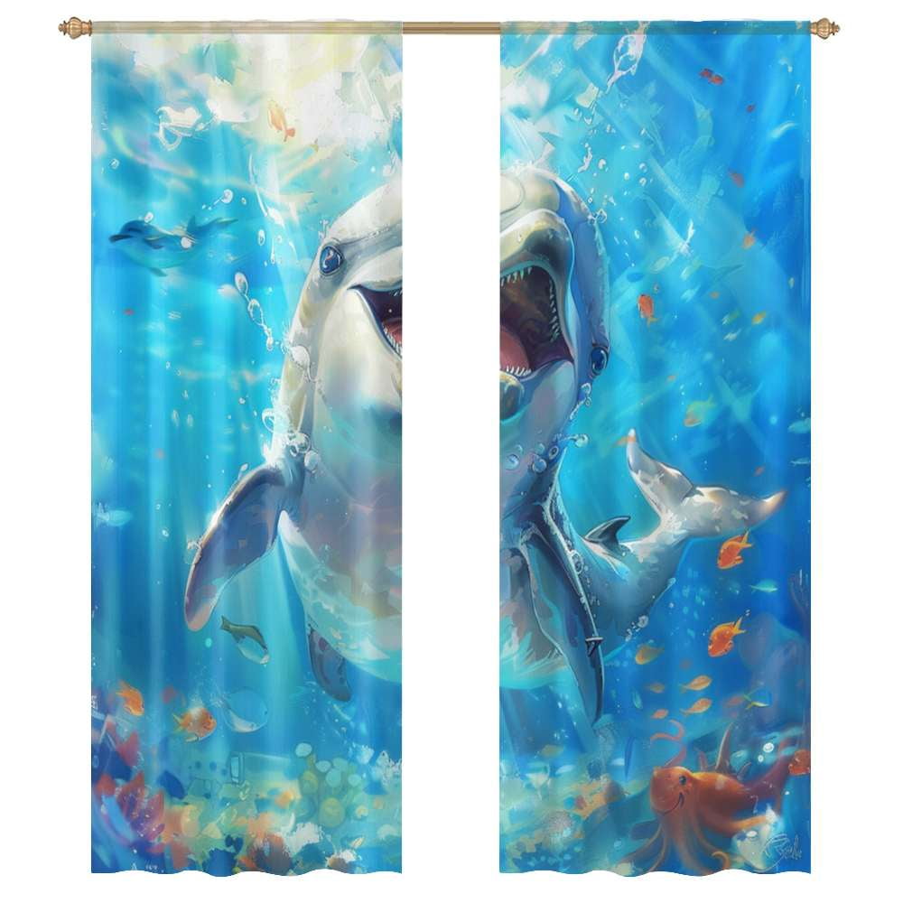 Dolphin Under The Sea Ocean Animals Sheer Voile Curtain Window Tulle ...