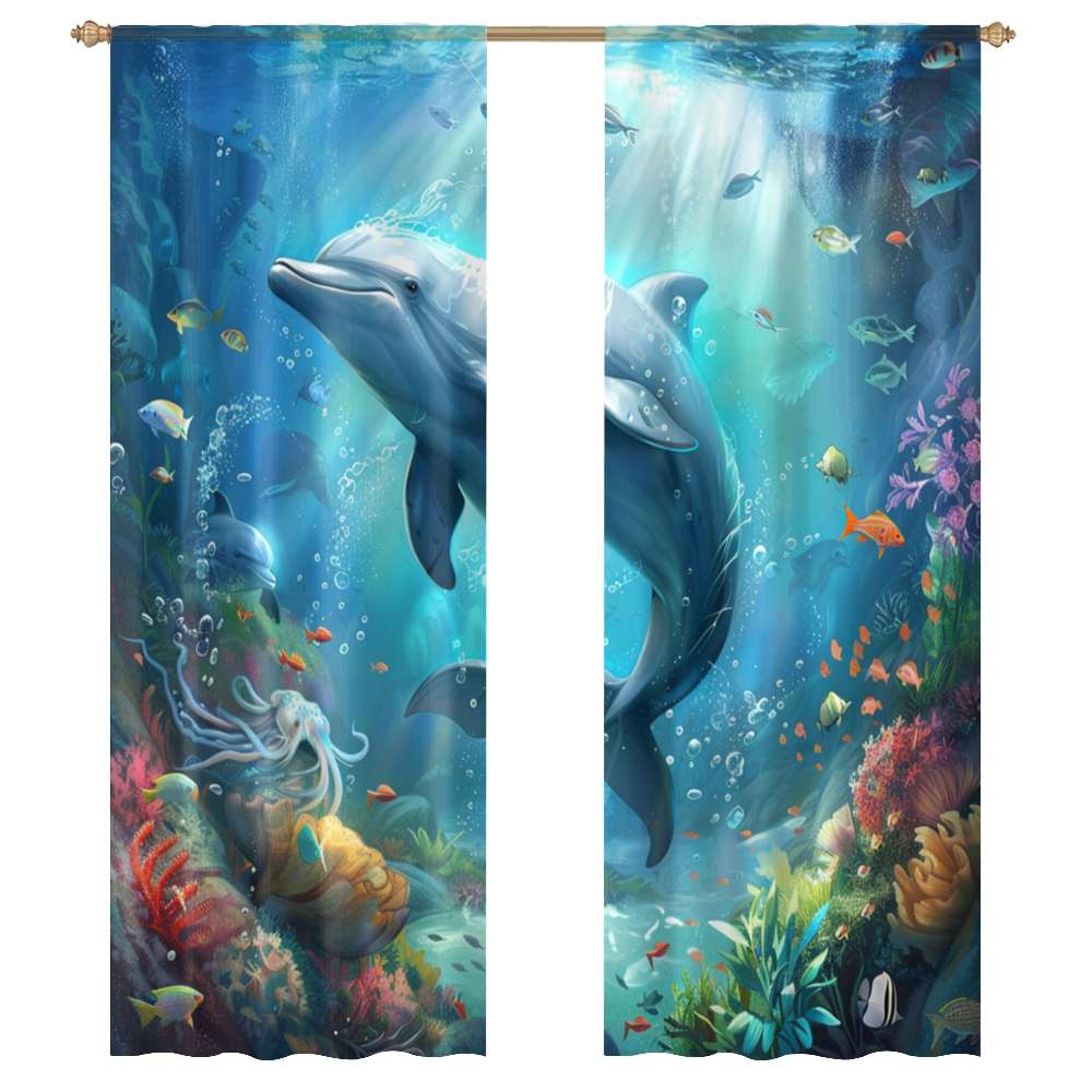Dolphin Under The Sea Ocean Animals Sheer Voile Curtain Window Tulle ...