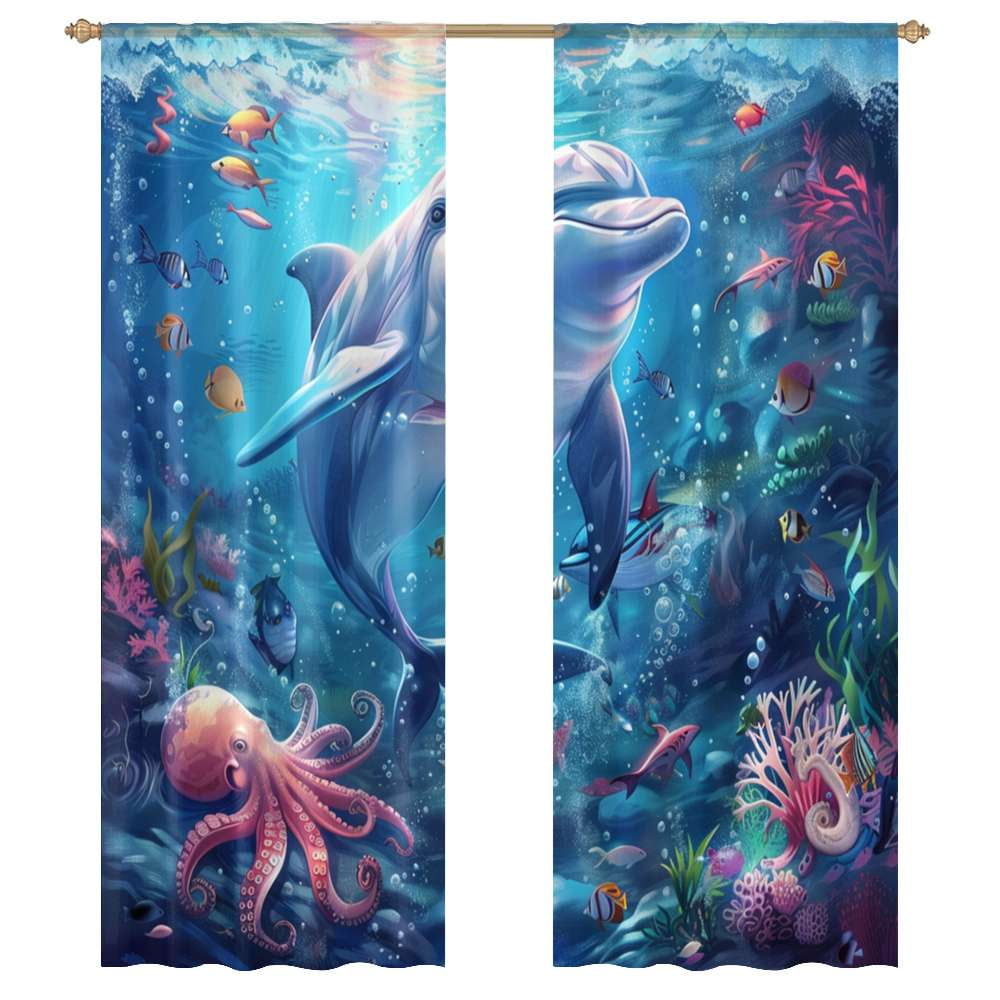 Dolphin Under The Sea Ocean Animals Sheer Window Curtains for Living ...