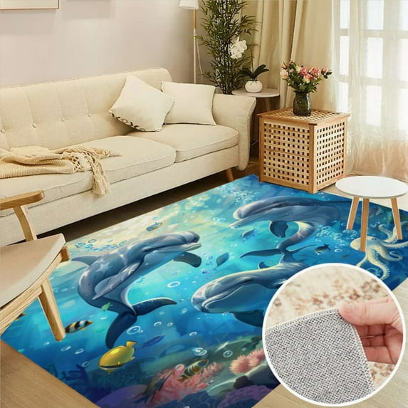 Dolphin Under The Sea Ocean Animals Soft Large Area Rugs Washable Rug ...